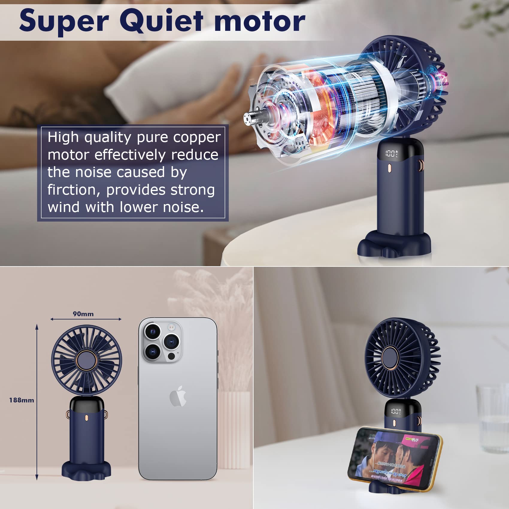 Rafada Handheld Fan, Mini Portable Fan USB Rechargeable, Small Pocket Fan 5 speeds with Lanyard and Base, Built-in 4200mAh Battery USB Desk Fan Foldable for Office, Outdoor, Home, School