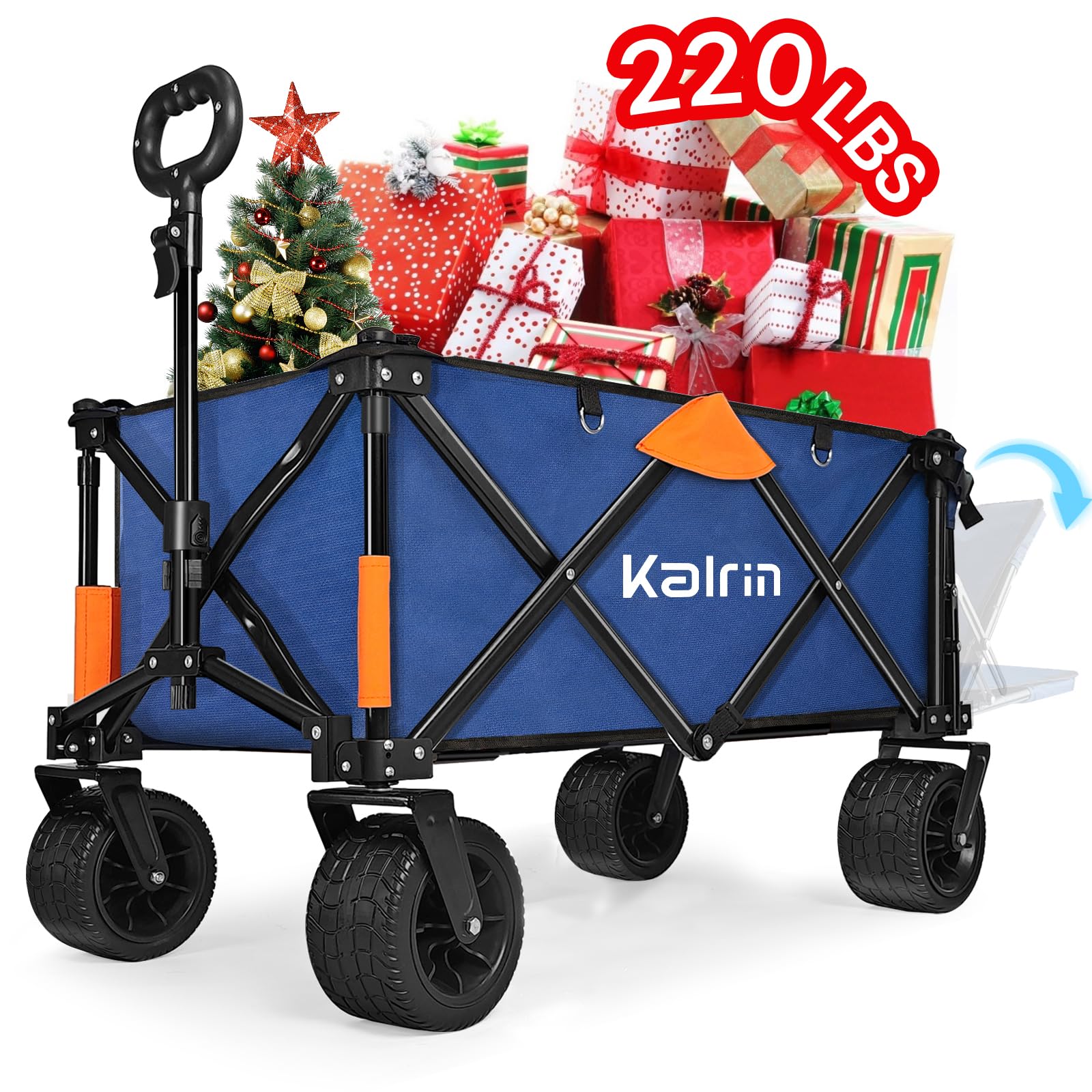 Kalrin Collapsible Folding Wagon, 220lbs Portable Large Capacity Beach Wagon Cart with Opened Tailgate, Heavy Duty Utility Wagon with All-Terrain Wheels and Elastic Rope for Camping, Sports, 200L