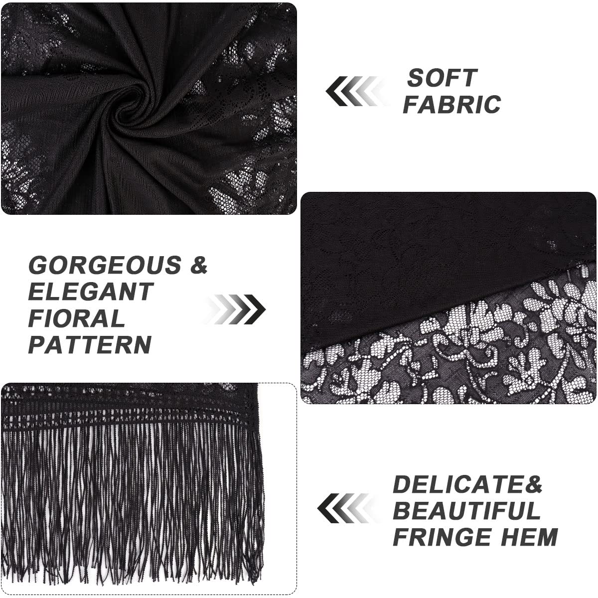 Ladiery Women's Floral Lace Scarf Shawl with Tassels, Soft Mesh Fringe Wraps for Wedding Evening Party Dresses