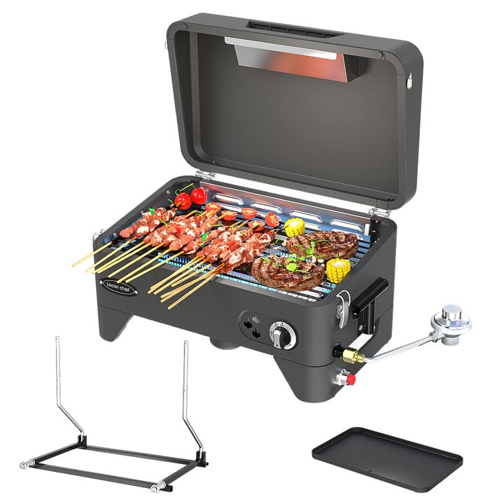 Leconchef 2 in 1 Gas Grill with hood,Portable Griddle Propane for Outdoor,RV,BBQ Camping 16.3 inch,12000 BTU Tabletop and standing