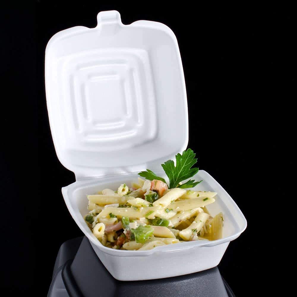 Mr. Miracle Foam Containers 6X6, Disposable Clamshell Styrafoam Containers for Food - Hinged Lid, 50 Count, Restaurant to Go Trays, Lunch Container with Recessed Lid for Stable Stack