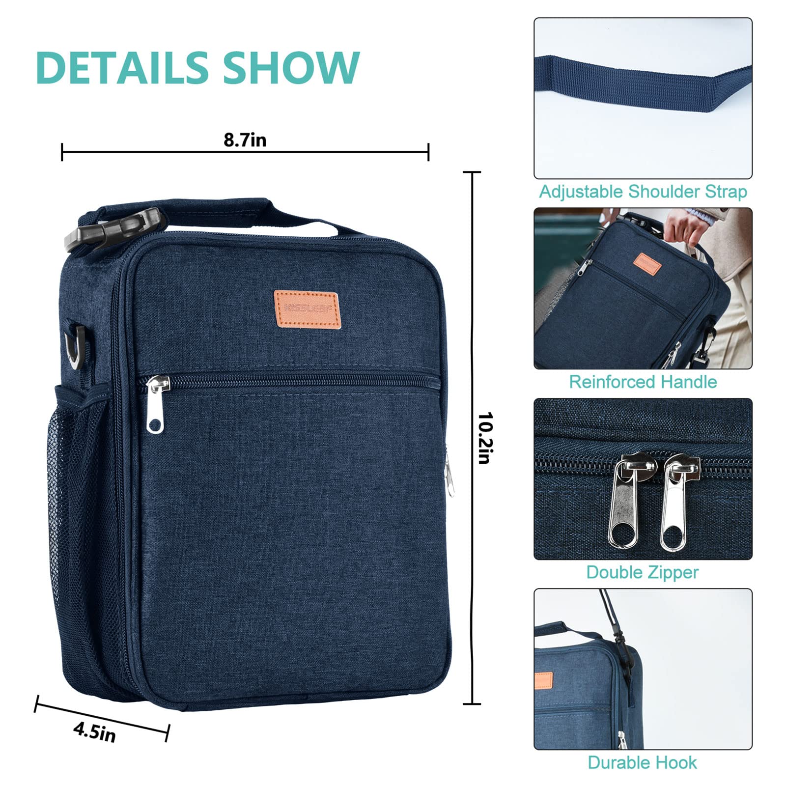 kissleaf Insulated Lunch Bag, Reusable Lunch Box for Men Women, Leakproof Cooler Small Lunch Bag with Adjustable Shoulder Strap for Adults Small