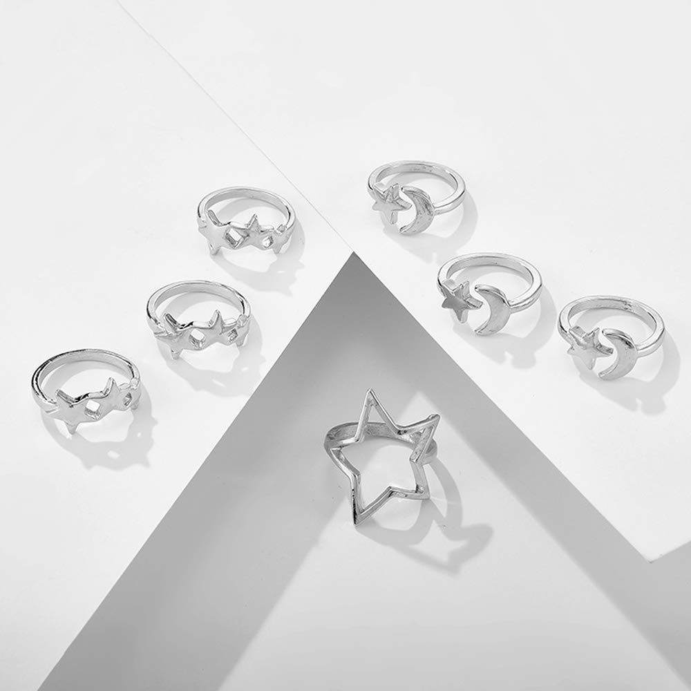 Missgrace 7PCS Silver Vintage Moon and Star Womens Knuckle Rings for Girls Stackable Joint Finger Ring Set for Women (Style 4)