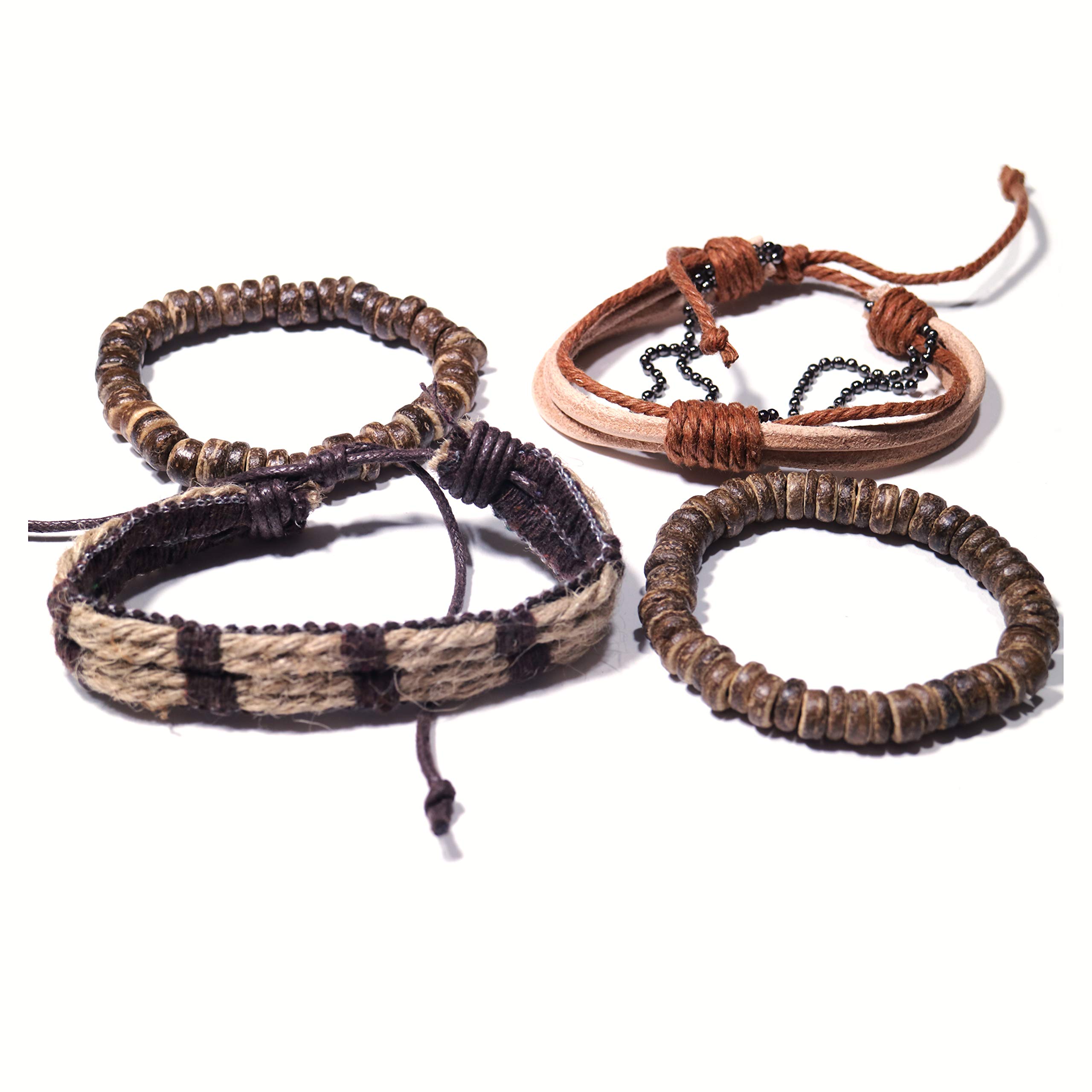Leather Stack Bracelet for Women or Men, Hemp, Coconut Shell Beads, Waxed cord, Metal Beads, Leather cord