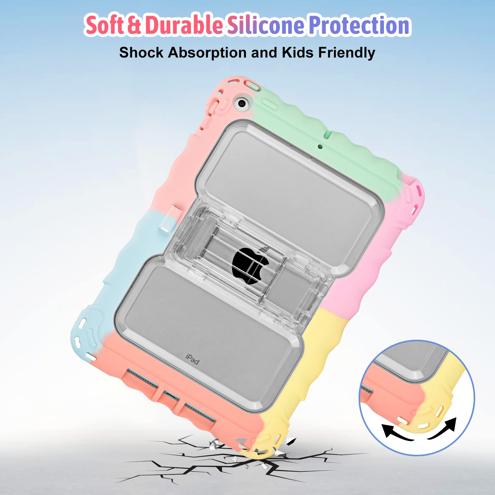 TopEsct iPad 9th/8th/7th Generation Case, iPad 10.2 Case for Kids with Portable Shoulder Strap, PET Screen Protector & Shockproof Silicone, Rainbow