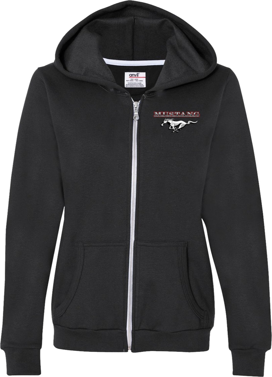 Ladies Ford Mustang Pocket Print Full Zip Hoodie, Black, Large
