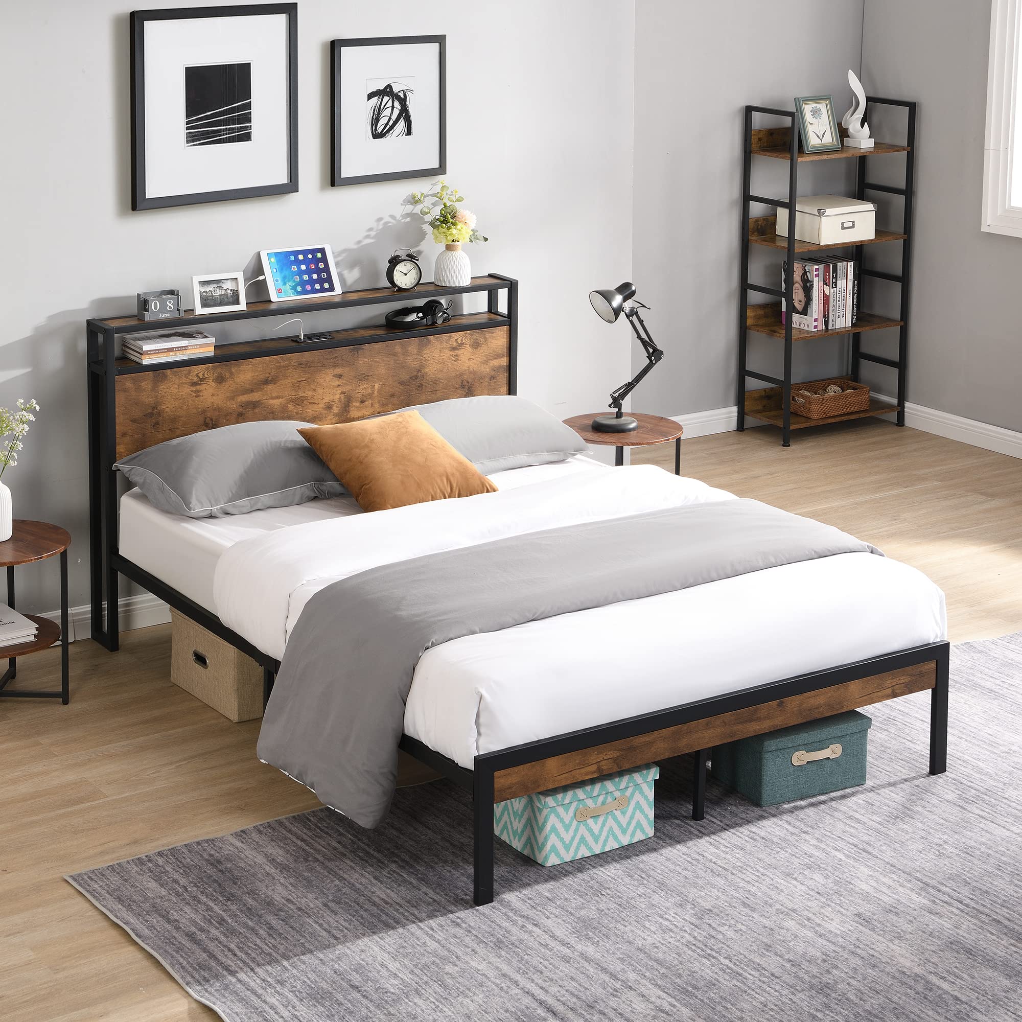 King Bed Frame with Charging Station, Metal Platform Bed Frame King Size with 2-Tier Storage Headboard, Outlets and USB Ports, Heavy Duty Mattress Foundation, No Box Spring Needed