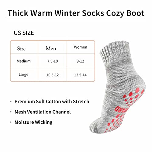 NOVAYARD 3 Pairs Slipper Socks Thick Wool Socks Non Slip Hospital Grip Cozy Socks Men Women(Grey,Large)