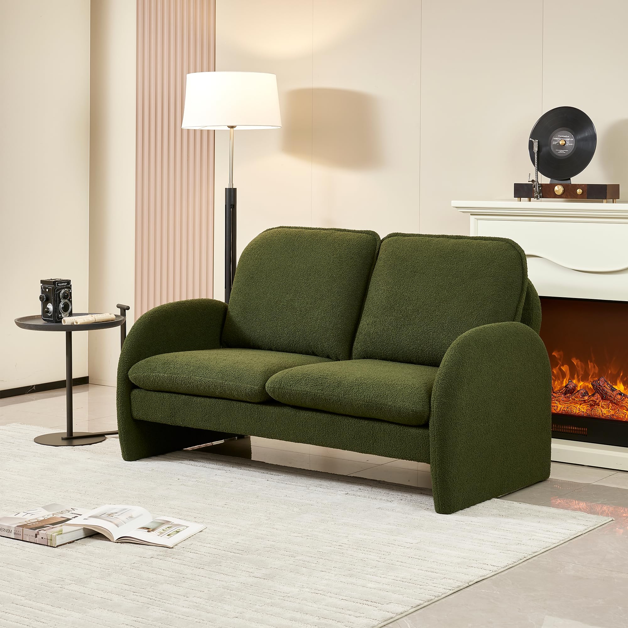 VnndeNest 59" Loveseat Sofa, Lambswool Sherpa Fabric Mid Century Modern Sofa, Upholstered Comfy Small Couches with Cushions & Armrest, 2 Seater Small Sofa for Small Spaces, Living Room, Bedroom, Green