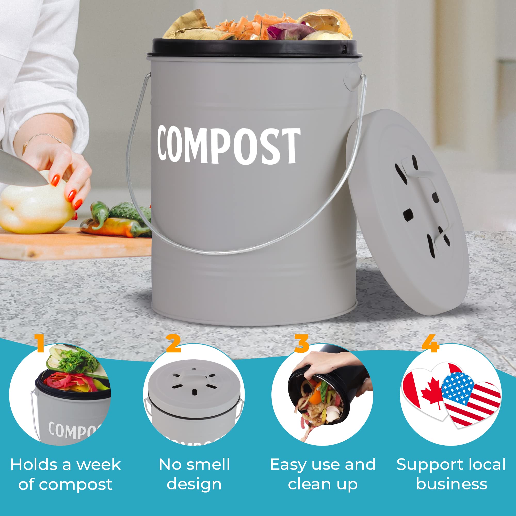 Kitchen Compost Bin by Saratoga Home - 1.3 Gal/5L Metal Compost Bucket for Kitchen Countertop, Kitchen Composter, Countertop Compost Bin, Compost Bin Kitchen, Kitchen Compost Bin Countertop, Gray