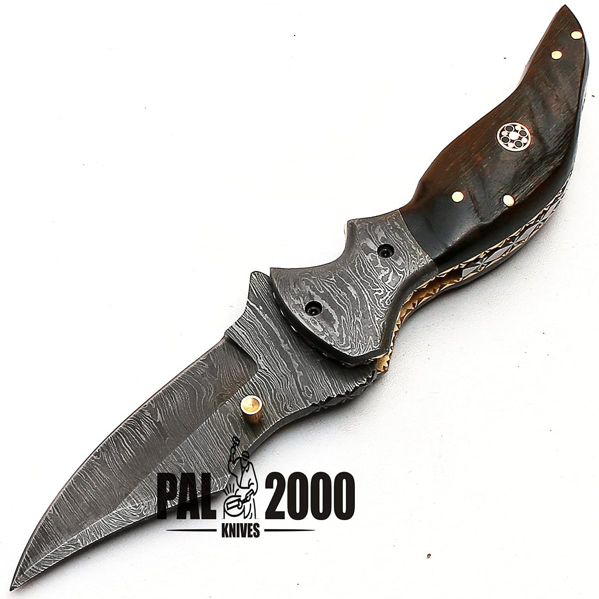 PAL 2000 HUNTING KNIVES Mmbm-8848 - Damascus Folding Knife - Handmade Damascus Steel - Damascus Pocket Knife - Ram Horn Handle