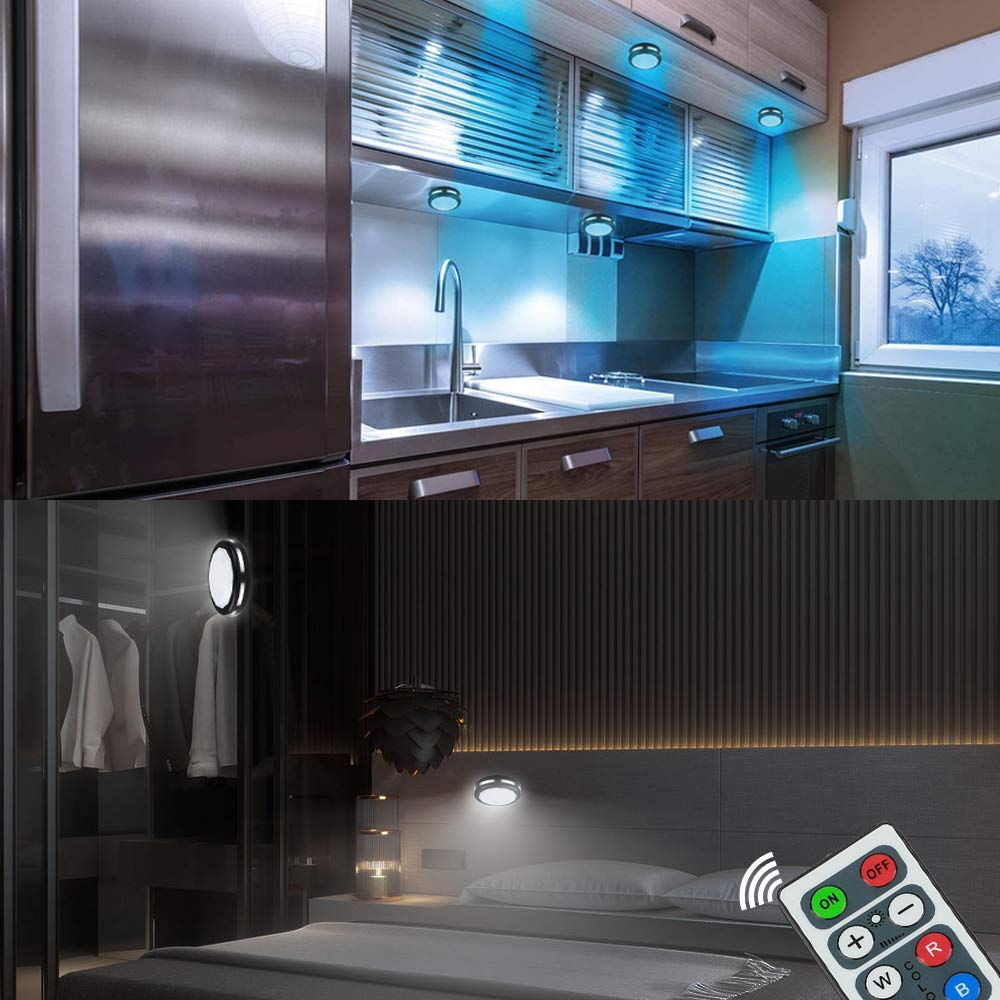 LED Closet Lights, Puck Lights with Remote,Wireless Under Cabinet Lighting, Battery Operated RGB Color Changing Stick On Lights, 16 Colors Night Light with Dimmer & Timing Function (6 Pack)