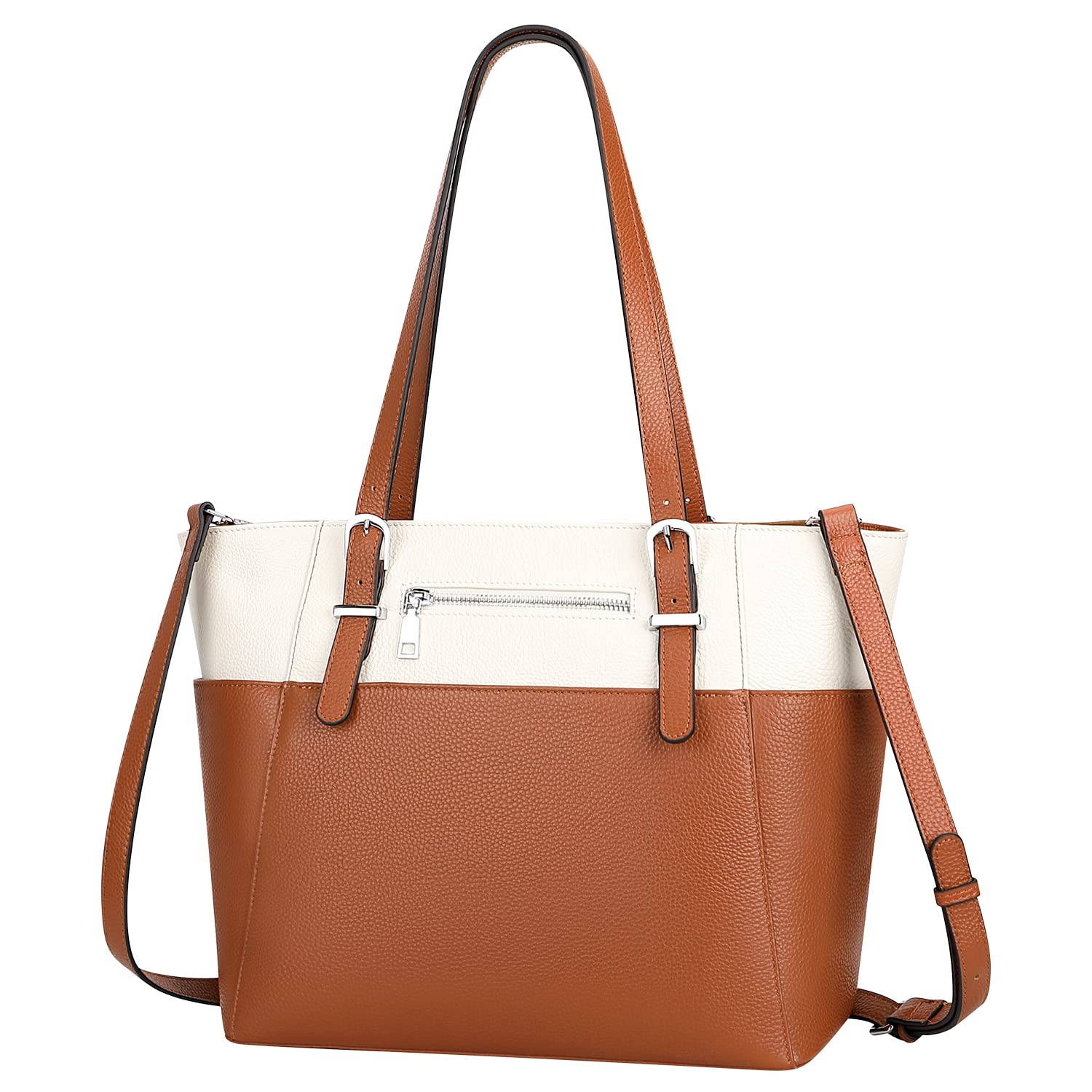 Over Earth Women Leather Handbags Genuine Leather Tote Shoulder Bag Crossbody with Multi Pockets(O105E Brown with White)