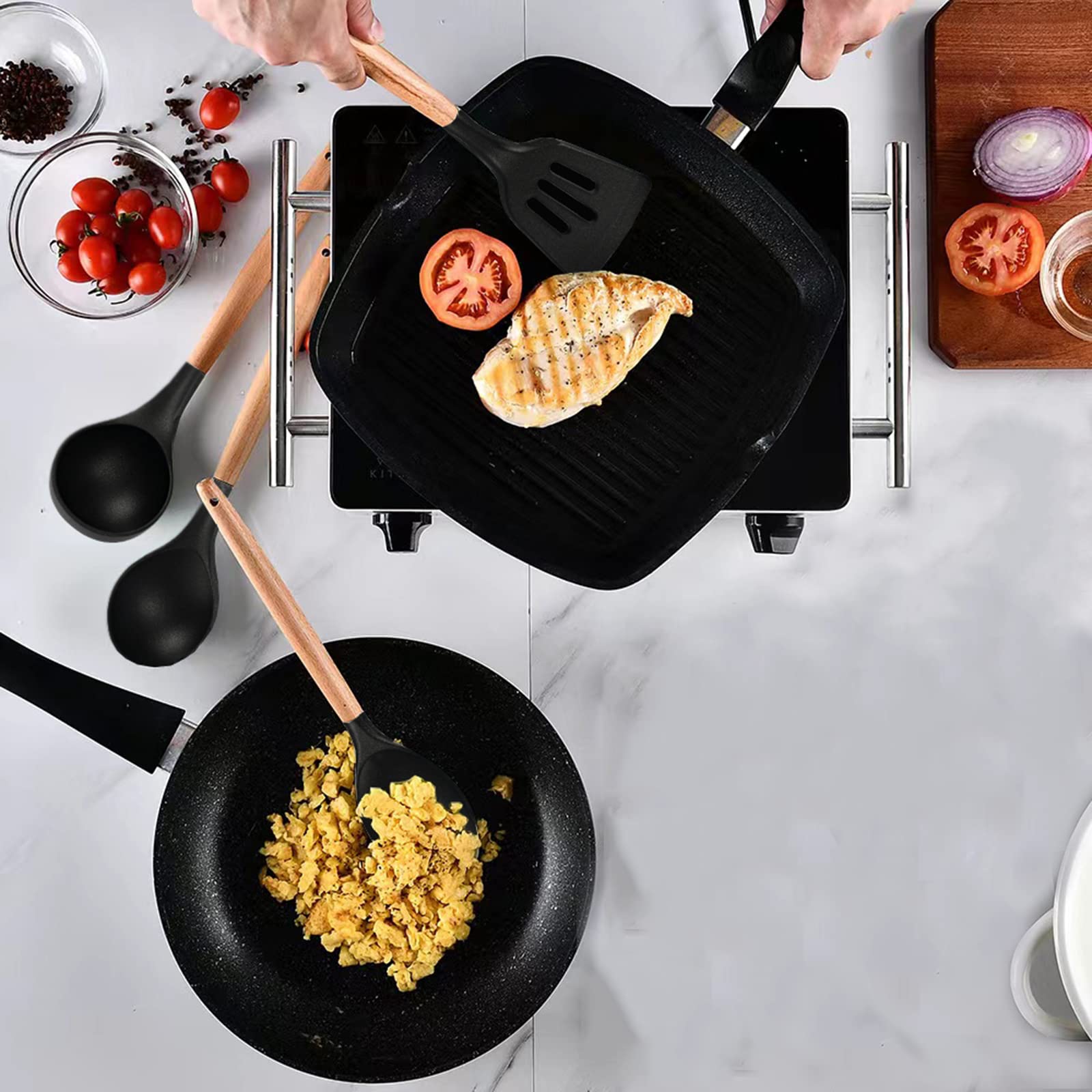 Kitchen Silicone Utensil Set,12 Pcs Non-Stick Silicone Kitchen Cooking Utensils With Wood Handles,Kitchen Spatula Cookware Utensils Set for High Heat Resistant Silicone kitchen Gadgets Set(Black)