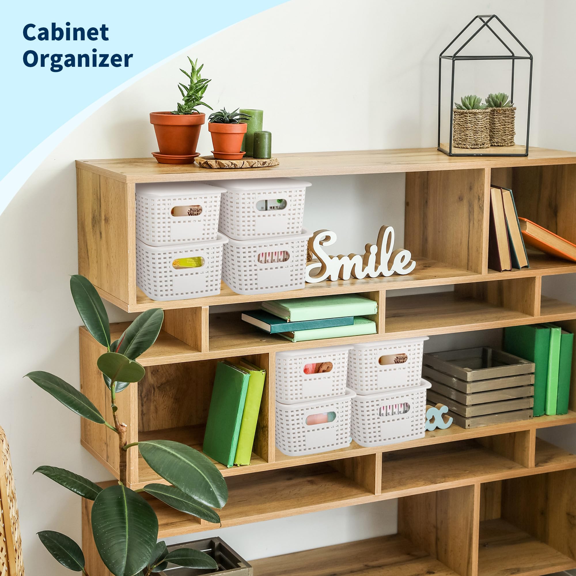 WEJOZEE Plastic Storage Baskets with Lid - Plastic Storage Containers Stackable Storage bins| Storage Baskets for Organizing Shelves Drawers Desktop Closet Playroom Classroom Office (Cream White)