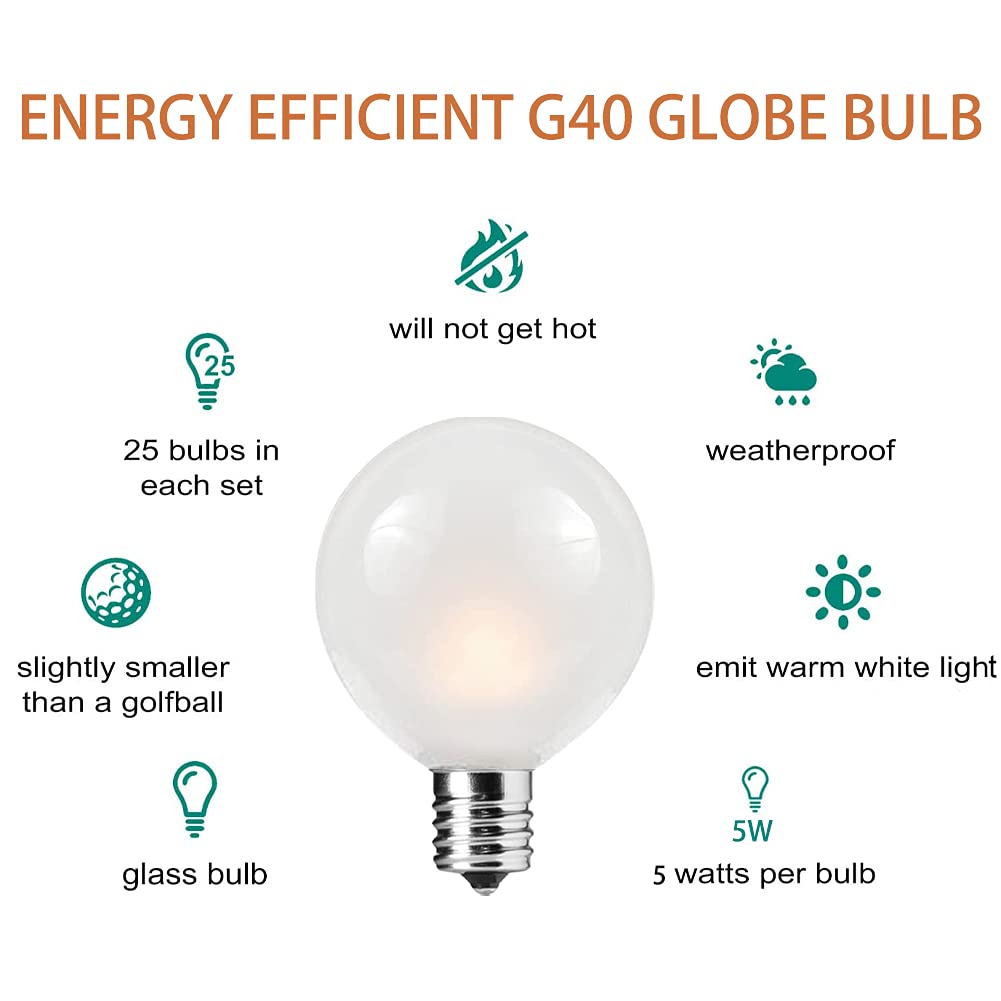 Pallerina G40 Frosted Replacement Bulbs, 25 Pack 5 Watt G40 Replacement Light Bulbs for string lights with 12/C7 Candelabra Base, G40 Incandescent Bulbs for Indoor Outdoor Decorative