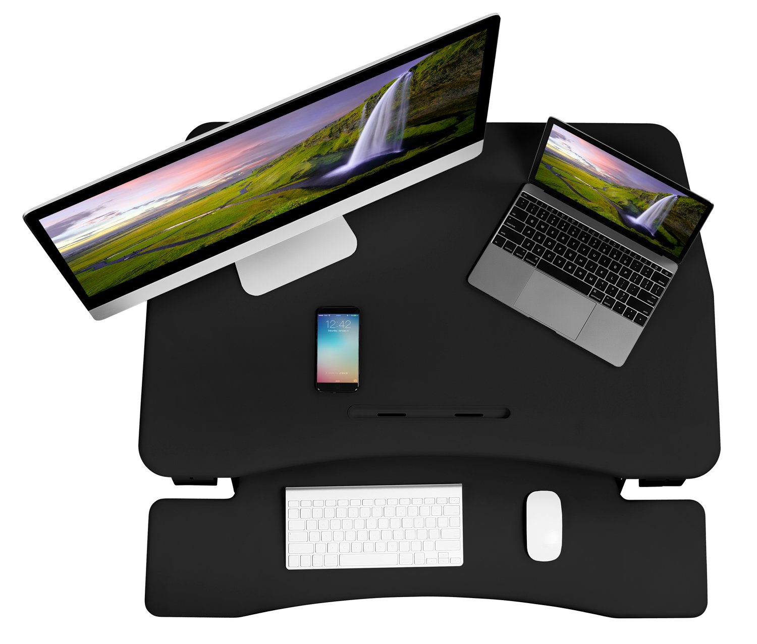 Mount-It! Height Adjustable Standing Desk Converter | 35β Wide Desktop | Sit-Stand Desk with Gas Spring Handle | Stand Up Computer Workstation Fits Dual Monitors | Black (MI-7955)