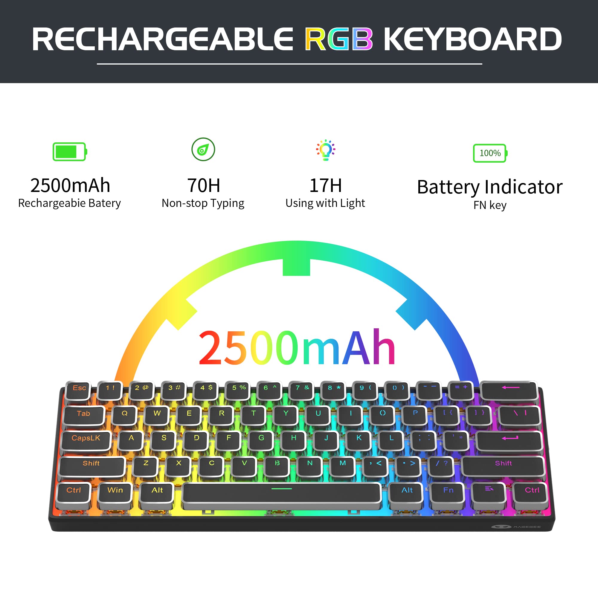 Portable 60% Typewriter Keyboard Wireless, Cute Cool RGB Backlit Mechanical Gaming Keyboard with Linear Red Switches, Wired/Wireless Connection 61 Keys Mini Keyboard for Windows Mac Android PC(Black)