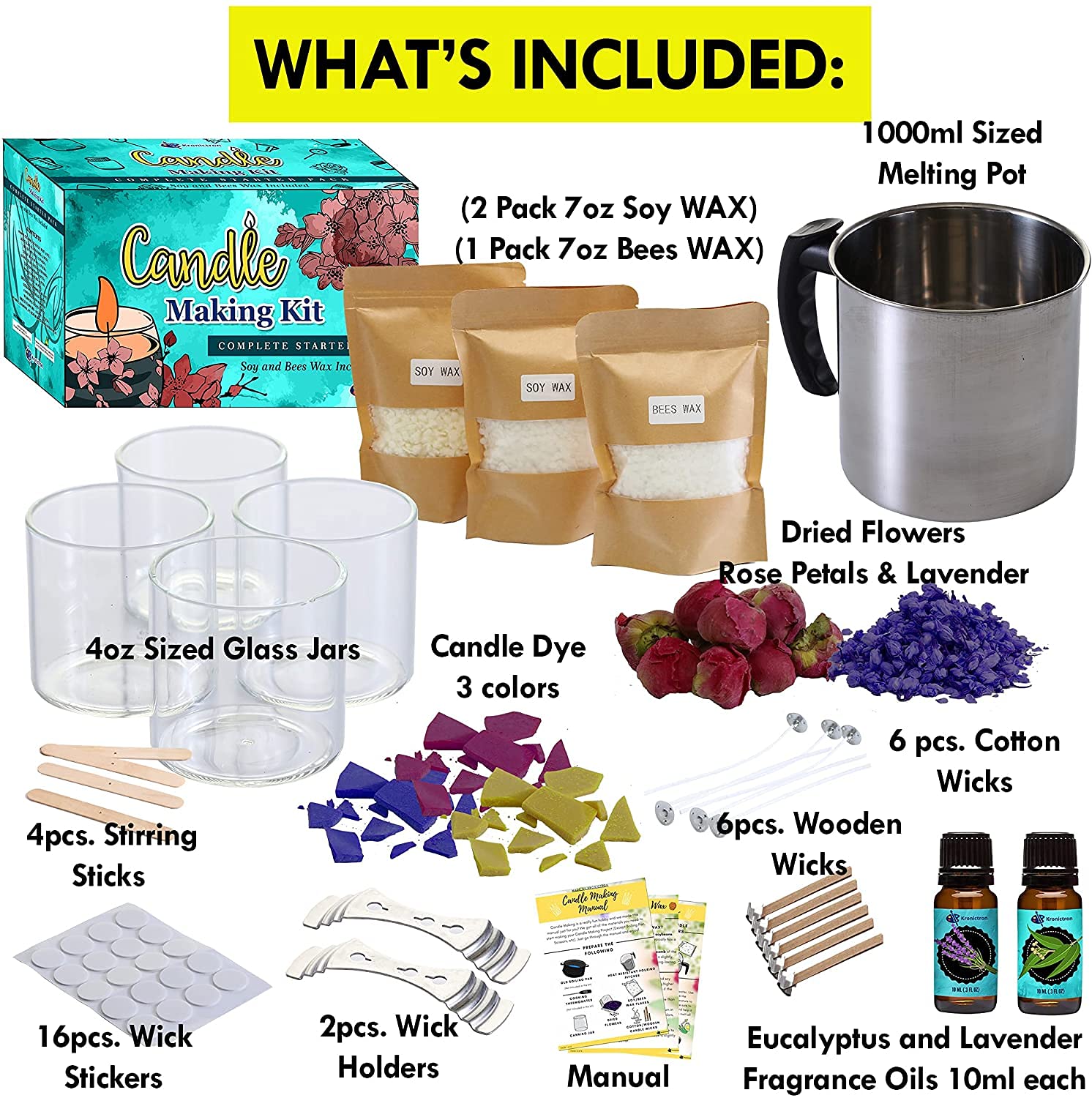 KRONICTRON DIY Candle Making Kit | Soy Wax, Beeswax, Candle Melting Pot, Color Dyes and More | Candle Making Kit for Adults and Beginners (Big Kit)