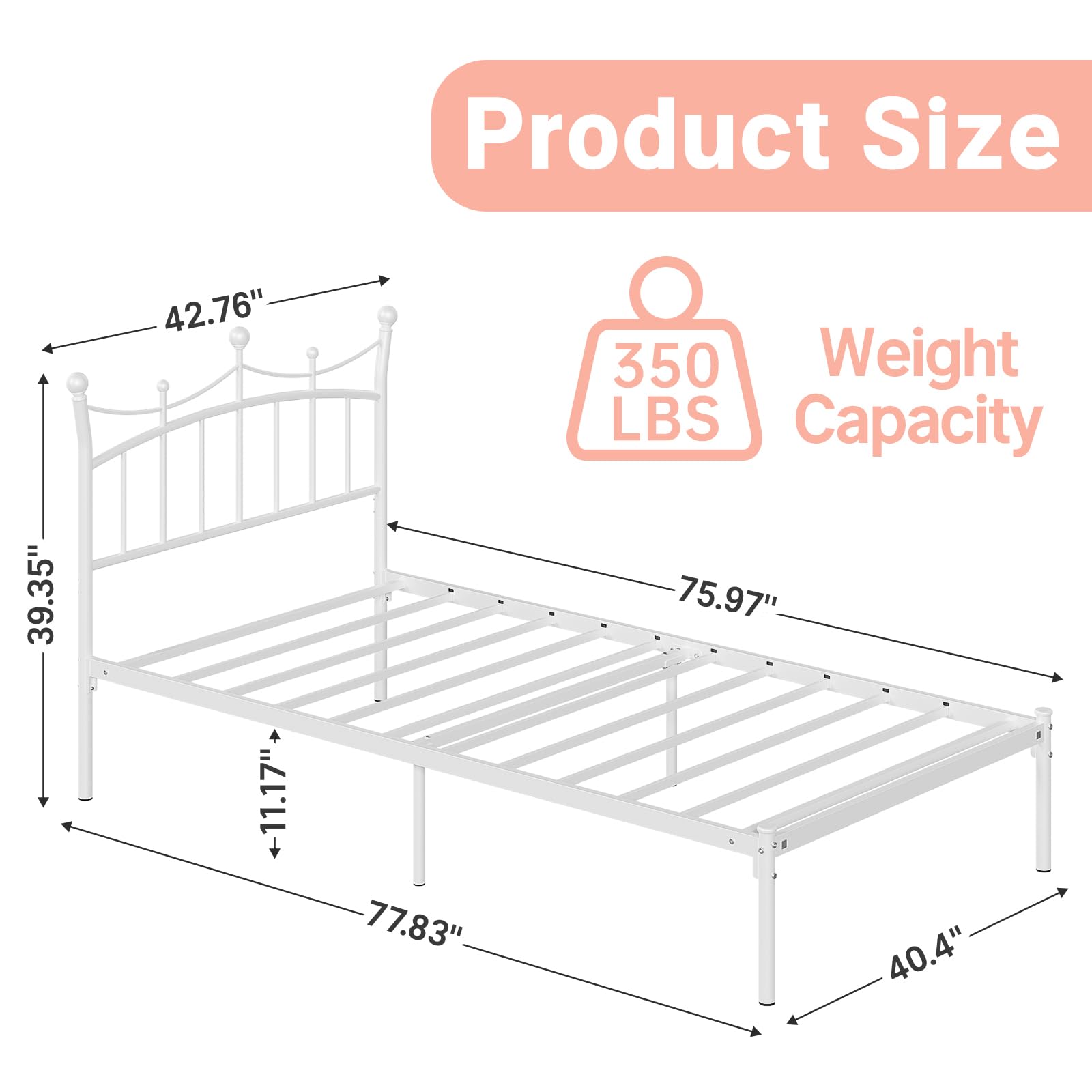 Weehom Twin Bed Frames with Headboard, Elegant Princess Bed for Girls Heavy Duty Metal Platform Bed Easy Assembly Under Bed Storage Space No Box Spring Needed Twin Size Bed for Kids Adults, White