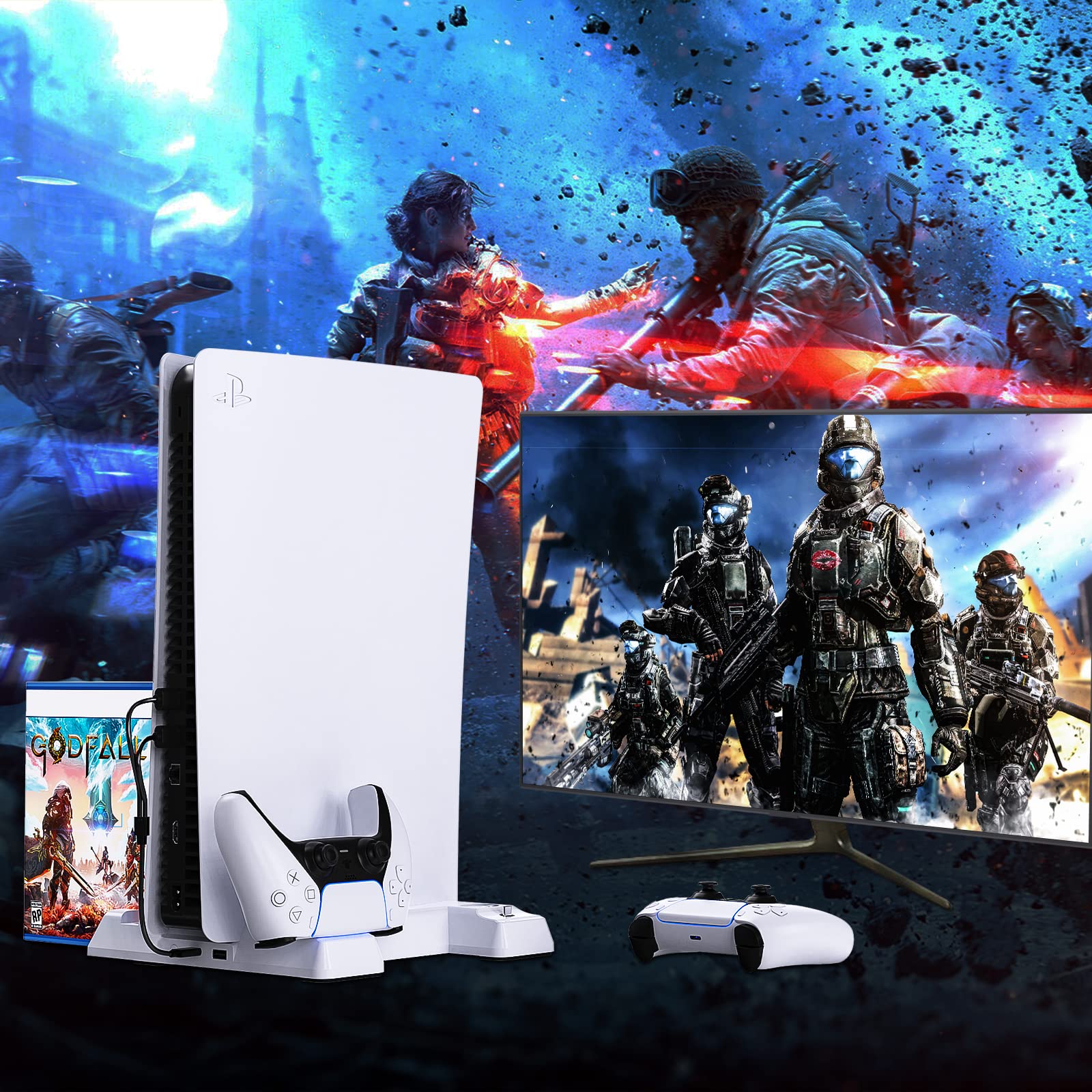 PS5 Horizontal Stand Compatible with PS5 Disc & Digital Editions, PS5 Stand with Cooling Fan and Controller Charger, PS5 Cooling Station for PS5 Accessories Stand
