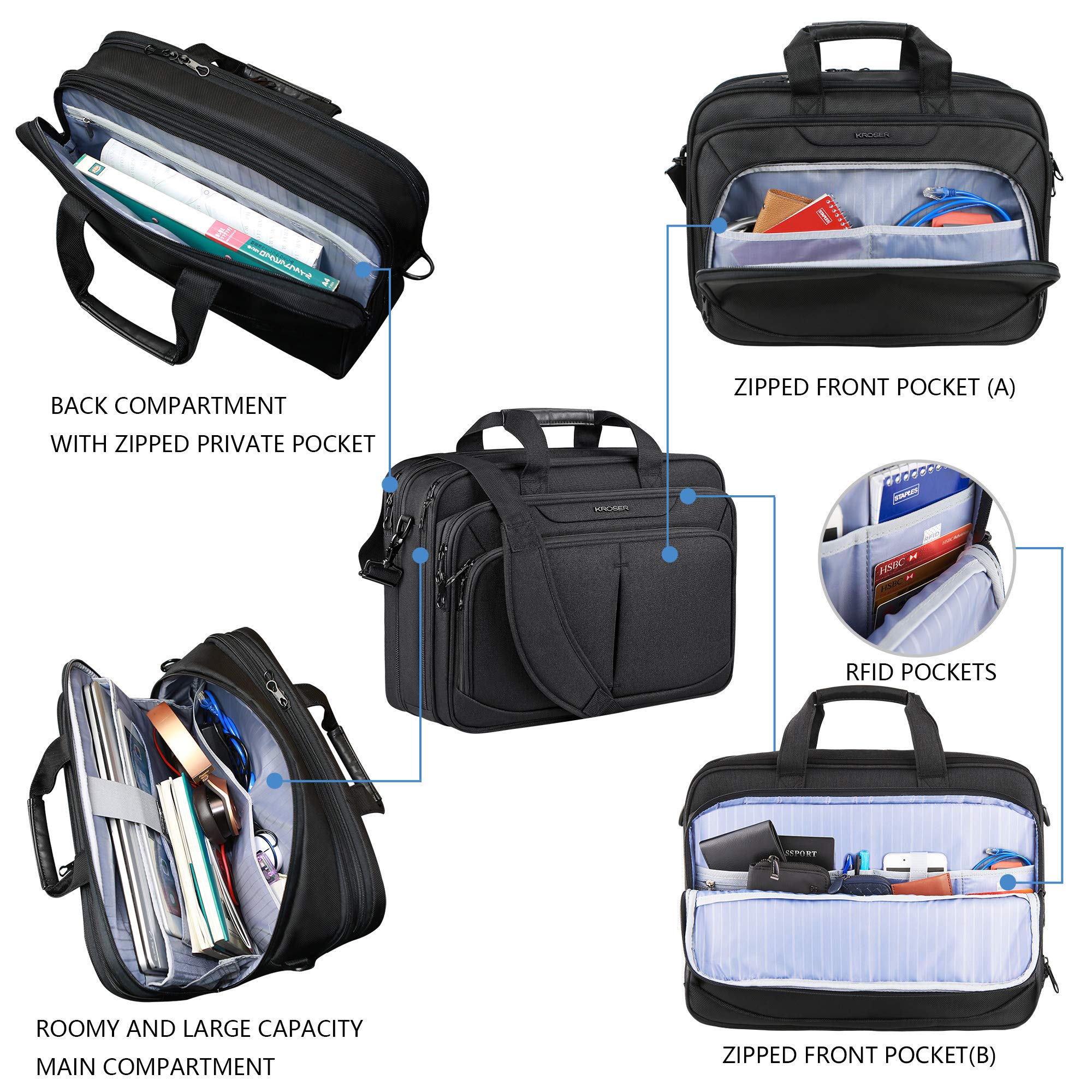 KROSER Laptop Bag Expandable Lightweight Briefcase for 17.3" Laptop Premium Business Work Bag Water-Repellent Messenger Bag with RFID Pockets for Travel/Women/Men-Black