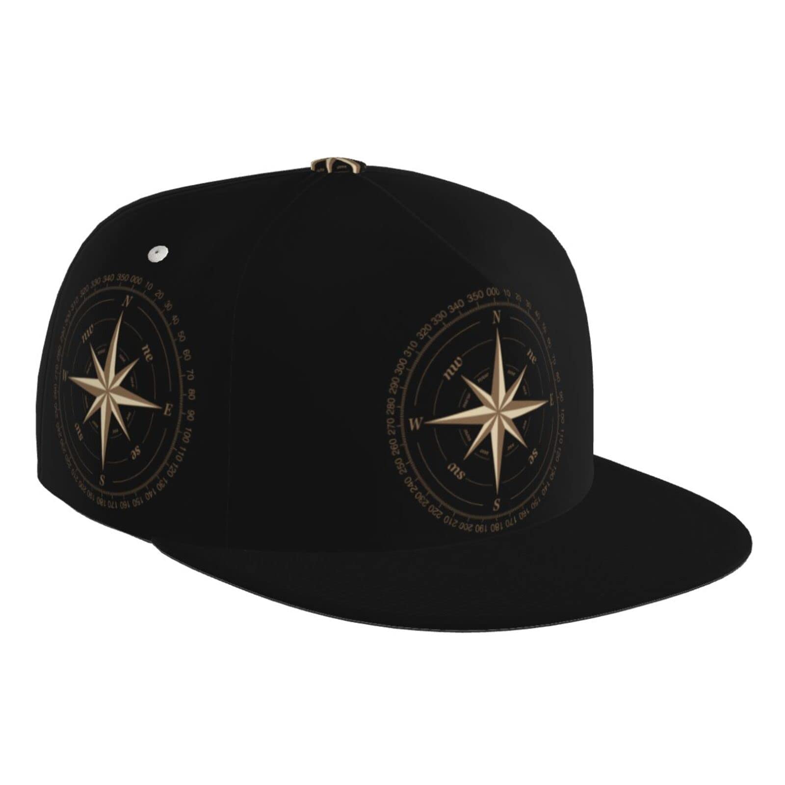 Quzioxe Compass Rose Black Flat Bill Brim Cap Hip Hop Hat Baseball Cap for Men Women Adjustable Square Flat Visor Back Trucker Snapback Hat