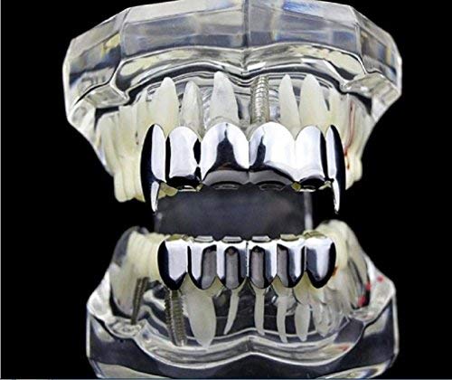 Lingduan 18K Gold Plated Hip Hop Removeable Mouth Grillz Set Removeable Fake Teeth Set Top and Bottom Denture Halloween Vampire Teeth Silver Flat Fake Teeth Set (Silver)