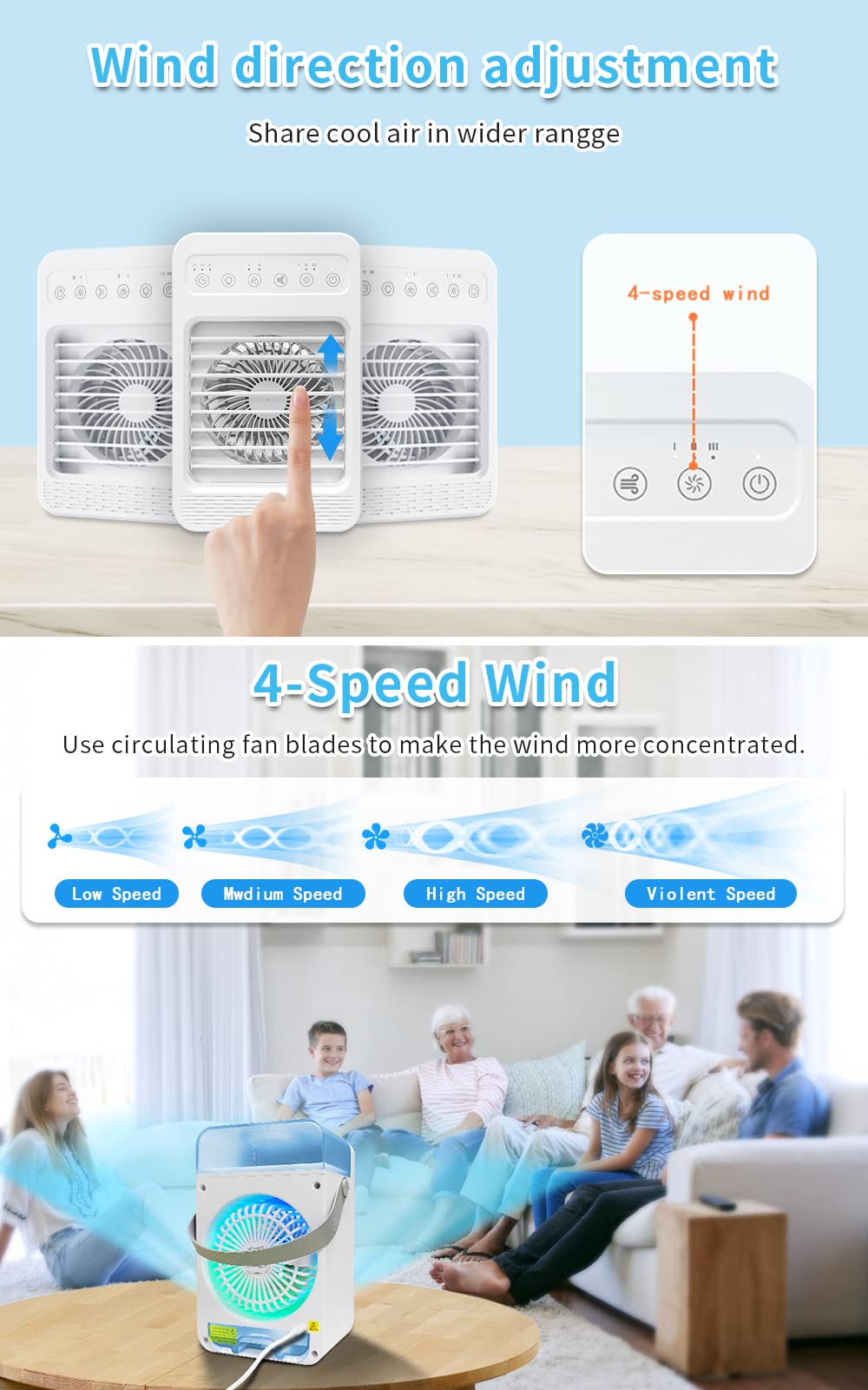 Portable Air Conditioners Fan, 2-6H Timer, 600ml Water Tank Personal Mini Air Cooler with 4 Wind Speeds, USB Evaporative Air Cooler Fan with LED Light for desktop Office Bedroom Kitchen