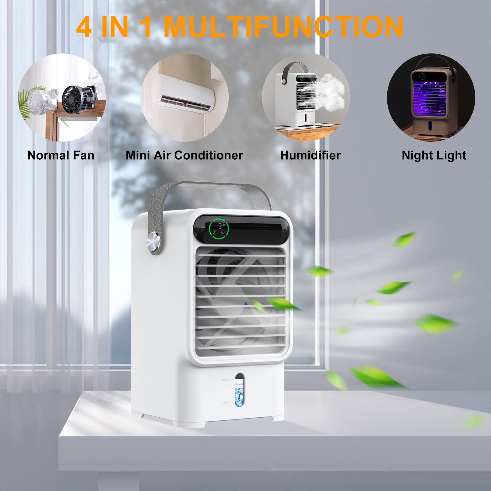 Portable Air Conditioner, 4 in 1 Evaporative Personal Air Cooler with 3 Wind Speeds, Quiet Mini Air Conditioner with Handle/LED Light/Humidifier/Timing Function for Home, Office and Room