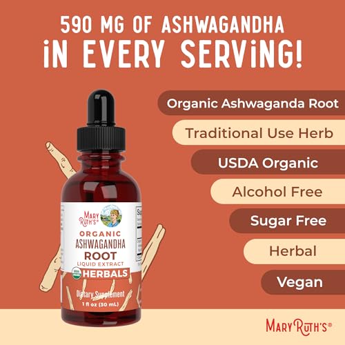 MaryRuth Organics Ashwagandha Root | USDA Organic Ashwagandha Liquid Drops | Stress Relief, Natural Calm, Relaxation and Mood Support Supplement | Adaptogenic | Nervine | Vegan | Non-GMO | 60 Servings