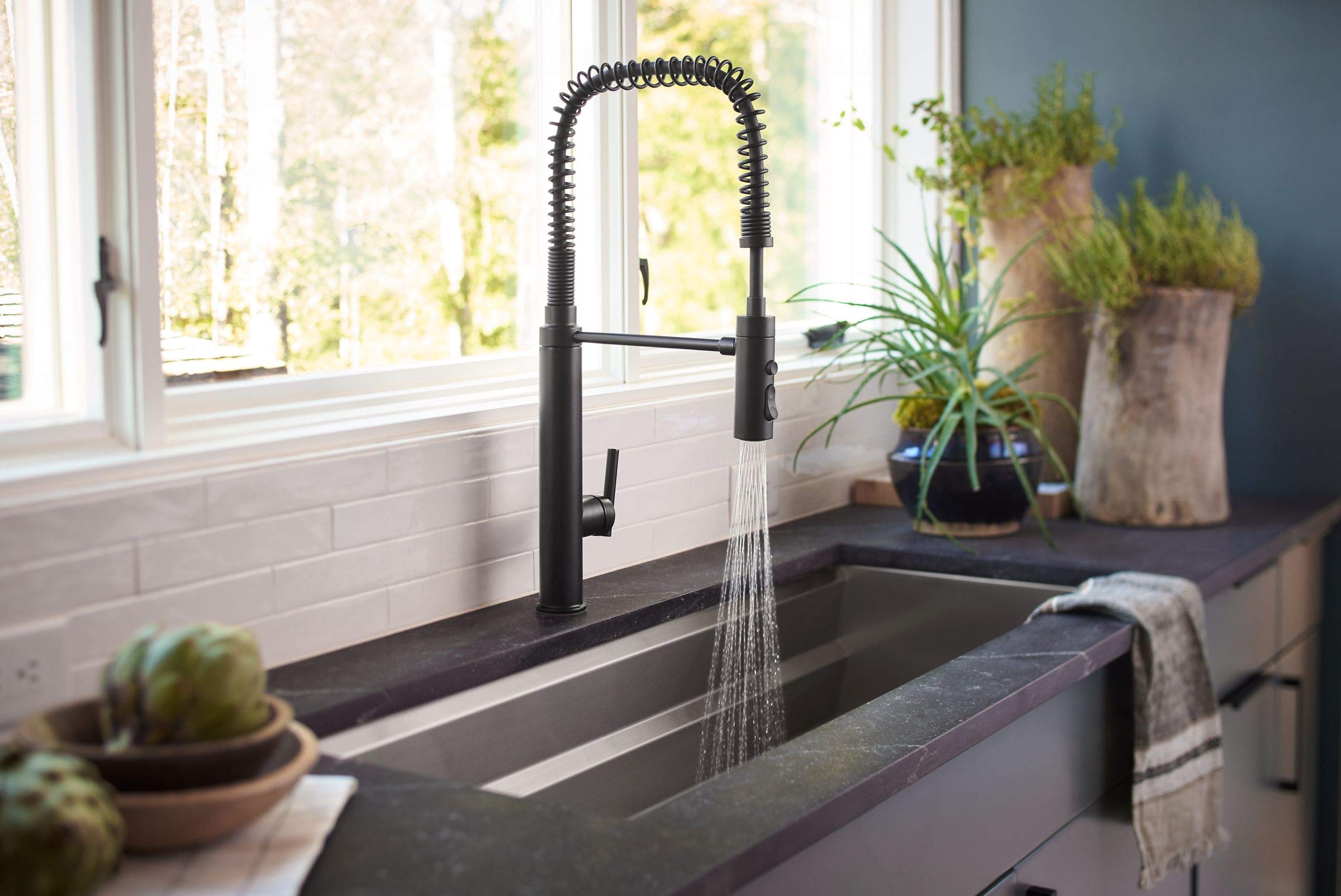 KOHLER 24982-VS Purist Commercial Kitchen Faucet with 3-Function Pull Down Sprayer, Vibrant Stainless