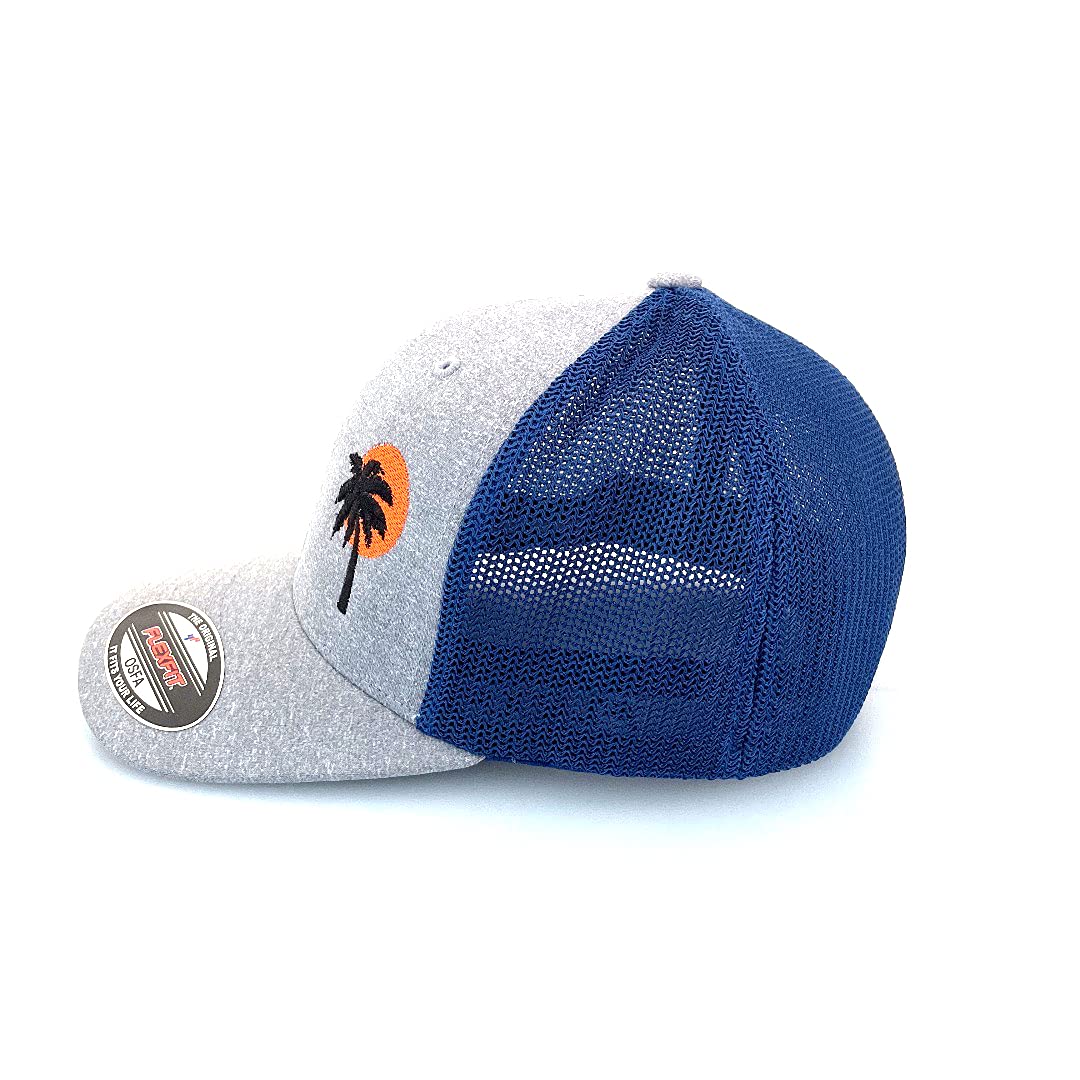 Palm Tree Sunset Fitted Trucker Hat Grey and Blue