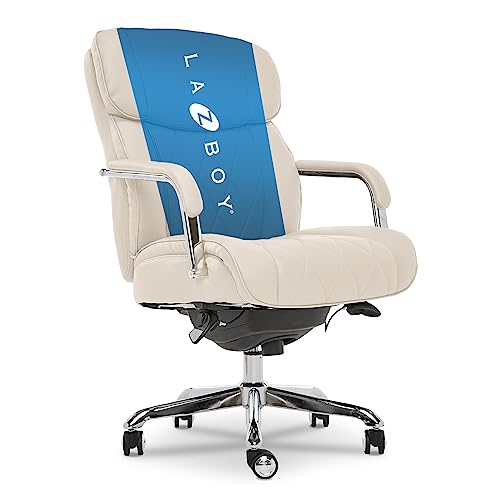 La-Z-Boy Sutherland Quilted Leather Executive Office Chair with Padded Arms, High Back Ergonomic Desk Chair with Lumbar Support, Ivory White Bonded Leather