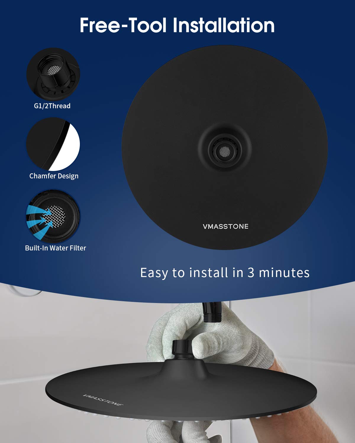Rain Shower Head VMASSTONE 9In High Pressure Showerhead - Tool Free Installation- with Large Spray Surfaces and 200 Nozzles for Delicate and Unstimulate Shower Experience (EM-001 Matte Black/Black)