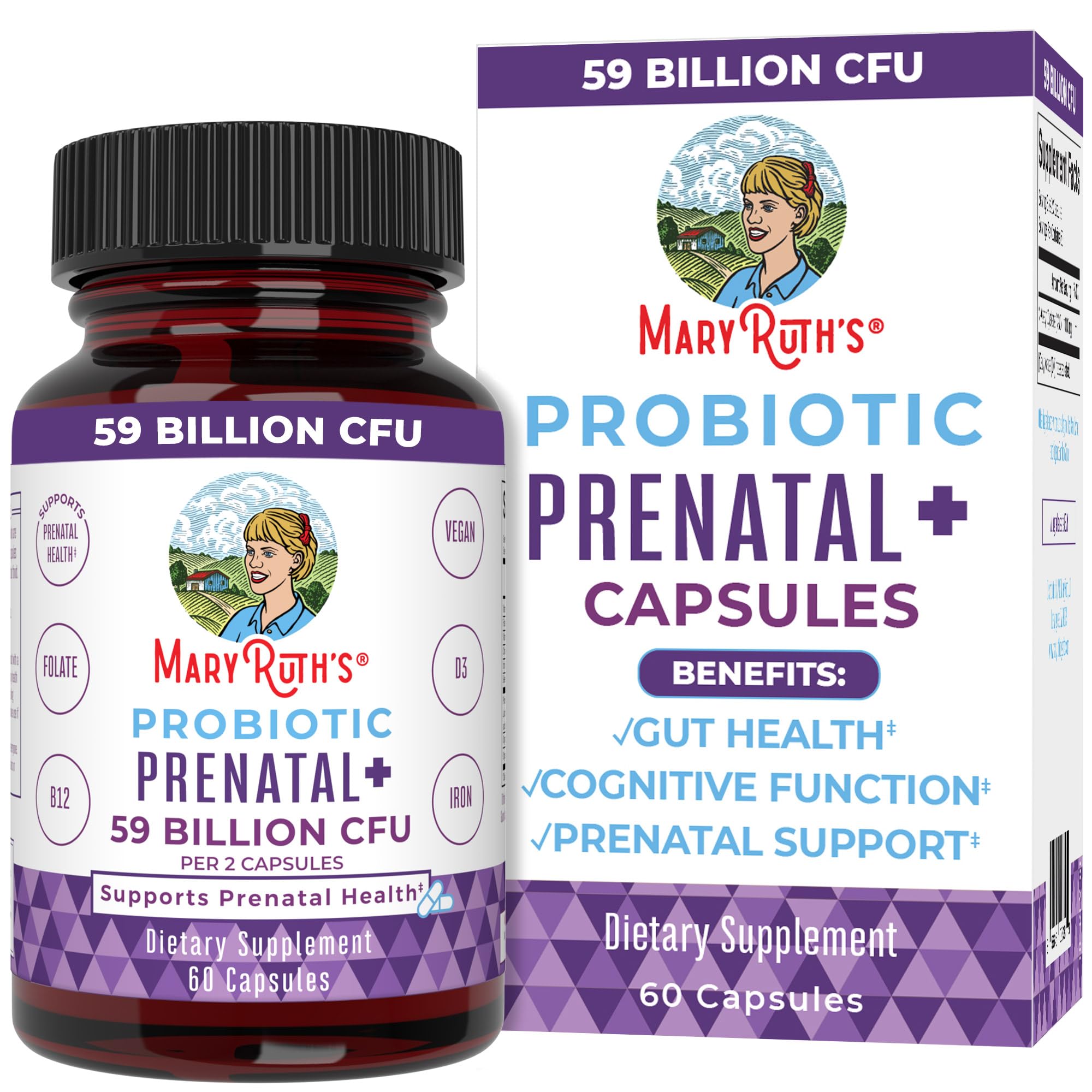 MaryRuth's Prenatal Vitamins and Probiotics | 59 Billion CFU | Vitamin D3 | B12 | Iron | Folate | Selenium | Choline | Vegan | Non-GMO | Capsule | 60 Count