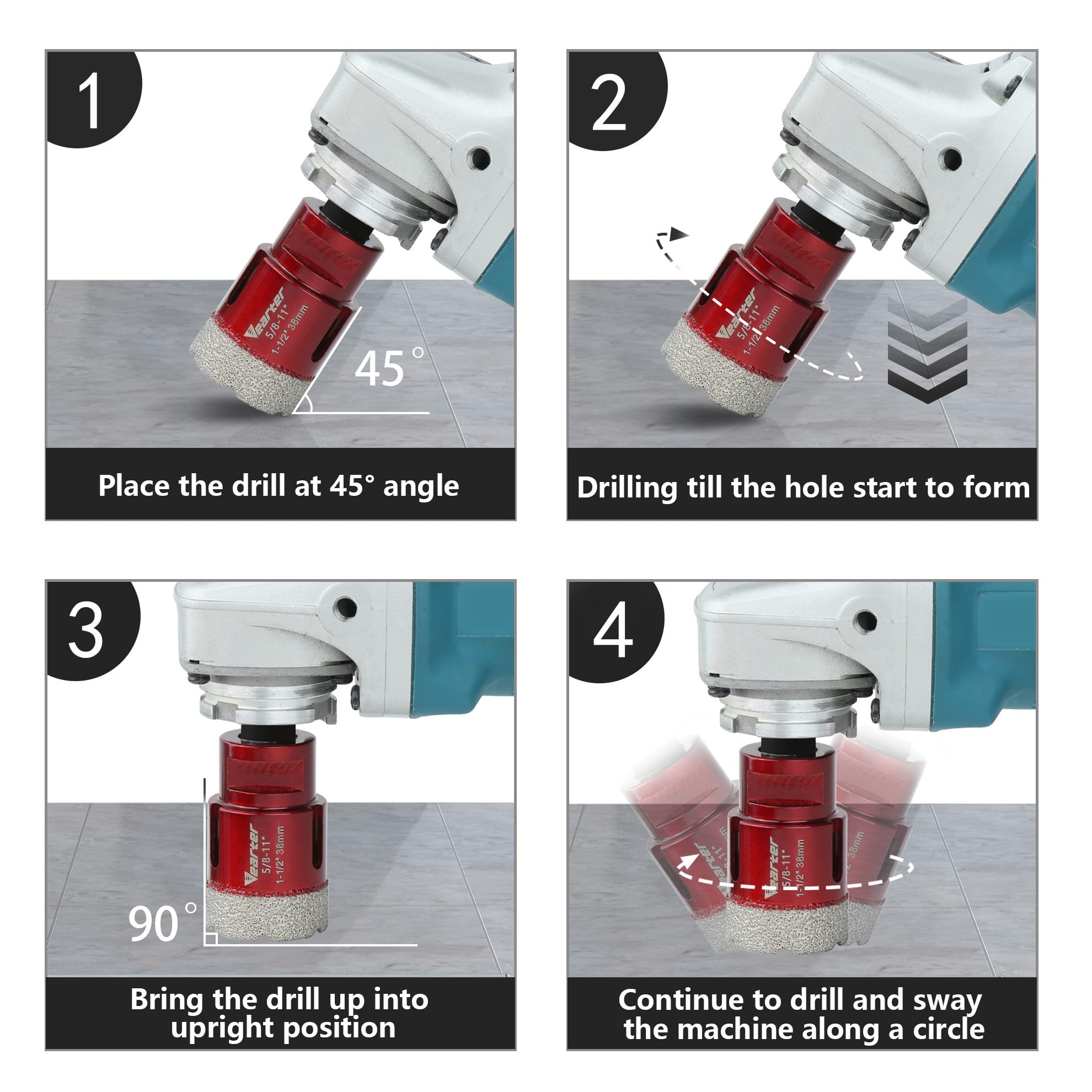 Vearter 10PCS/Set Vacuum Brazed Diamond Masonry Hole Saw Kit, 1/4''- 2'' Core Drill Bit for 5/8-11'' Thread Angle Grinder for Porcelain Tile Ceramic Marble Brick Concrete