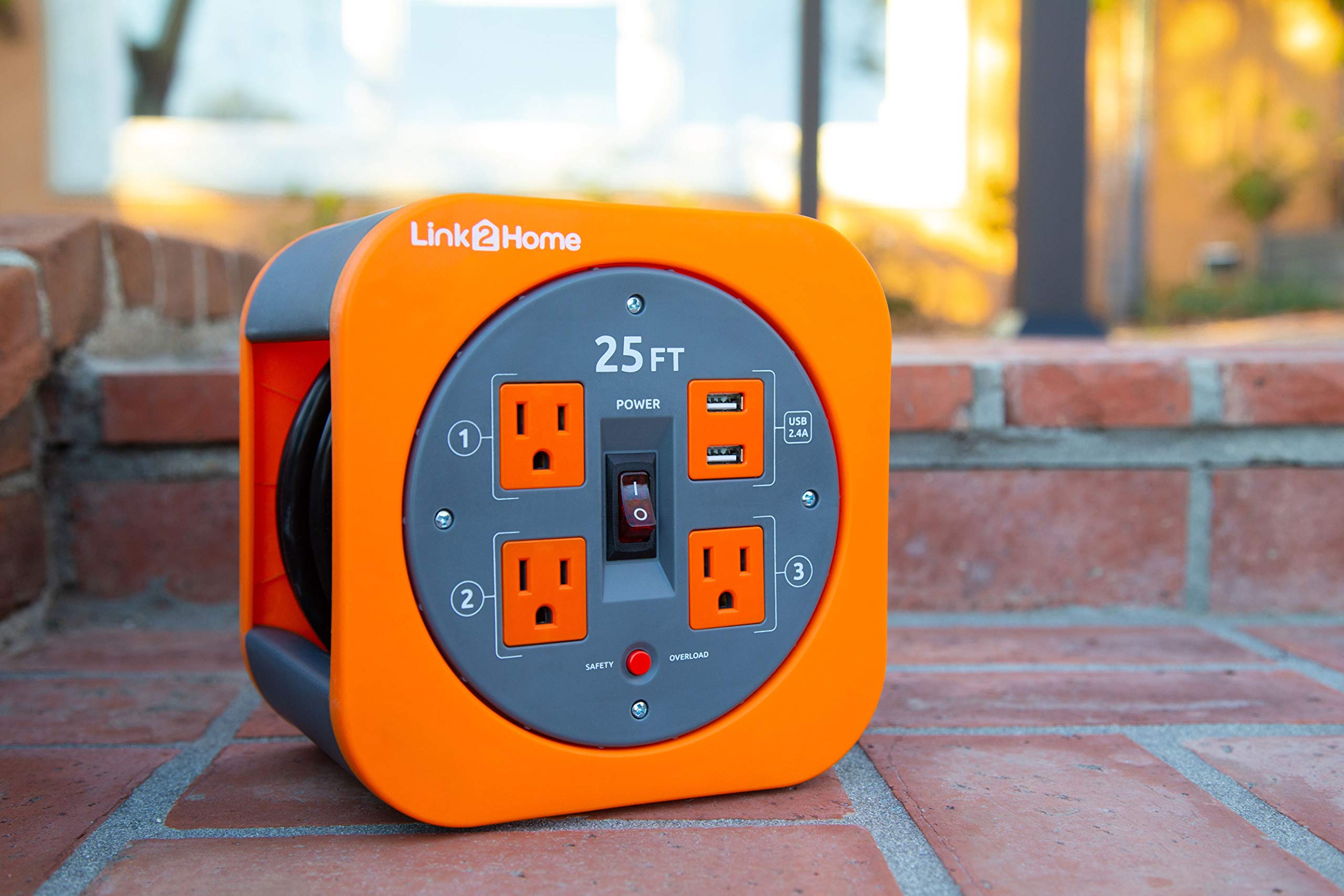 Link2Home Cord Reel 25 ft. Extension Cord 4 Power Outlets, 2 USB Ports, 2.4A Fast Charge – 16 AWG SJT Cable.