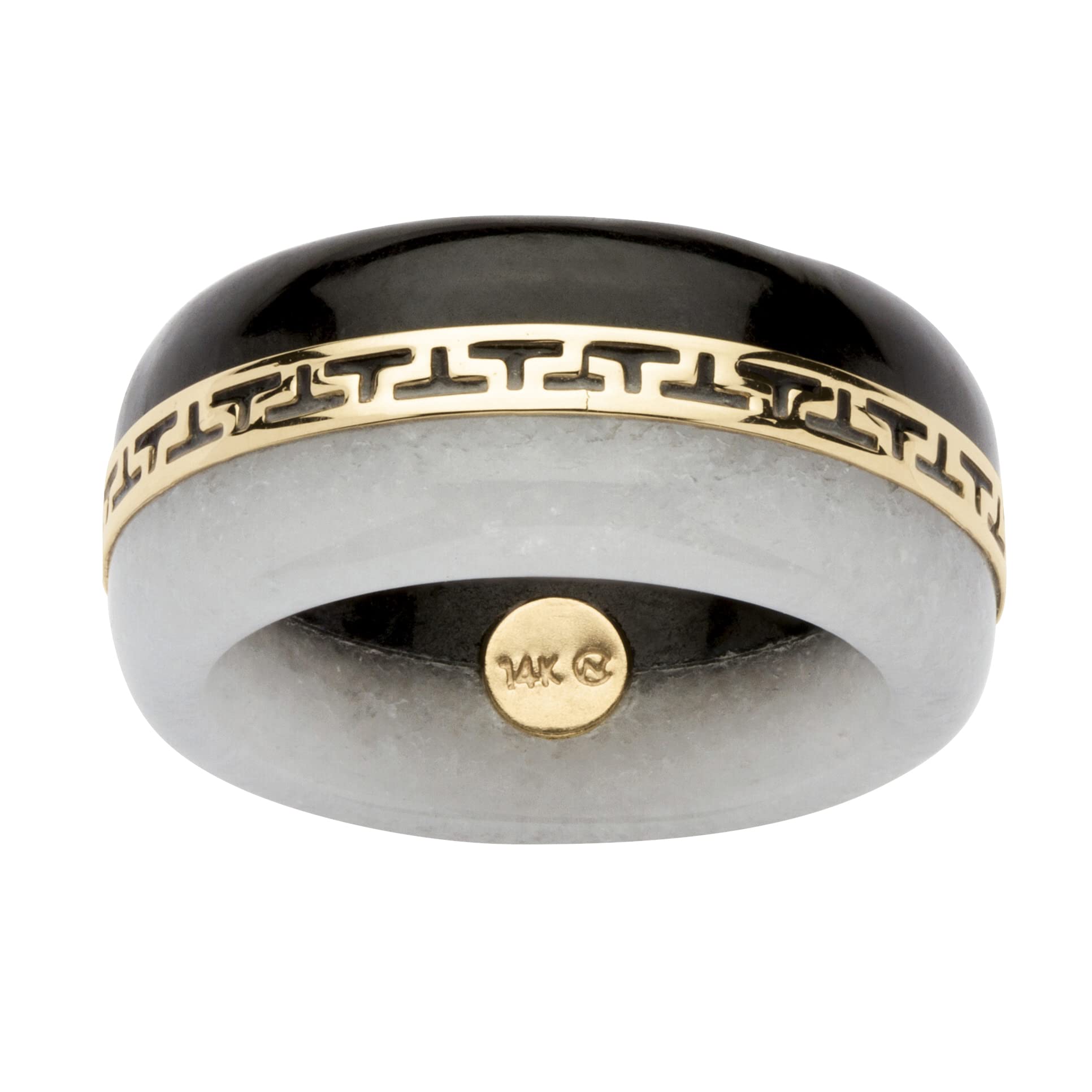 PalmBeach 14K Yellow Gold Round Genuine Black and White Jade Greek Key Ring Sizes 5-10 Size 9
