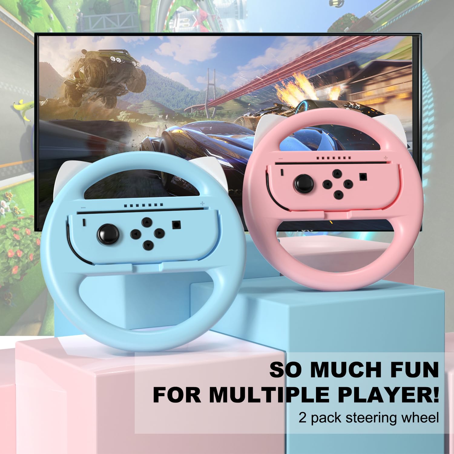 momen Switch Steering Wheel for Nintendo Switch Accessories,Racing Wheels for Mario Kart 8 Deluxe,Compatible with Switch JoyCon Controllers, 2 Pack,Blue & Pink
