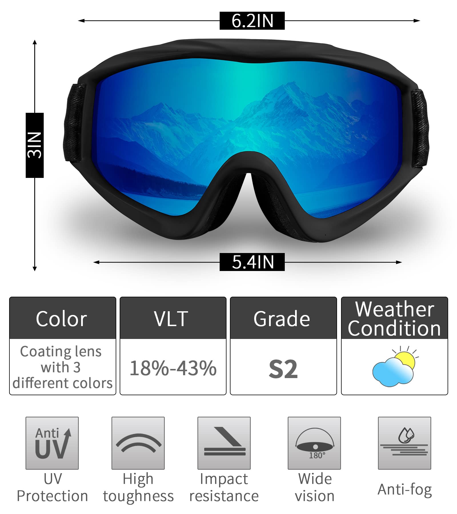 RABIGALA Kids Ski Goggles Bundle with Adult Ski Goggles Interchangeable Lens Frameless (blue&silver)