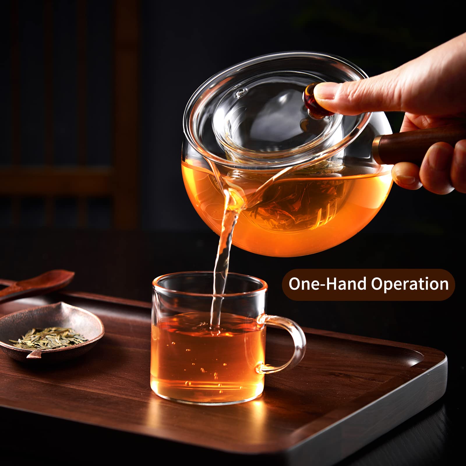 PARACITY Glass Teapot with Infuser Japanese Teapot Stovetop Safe Teapot Blooming and Loose Leaf Tea Maker with Wooden Handle Kyusu 11.8 oz 350 ml