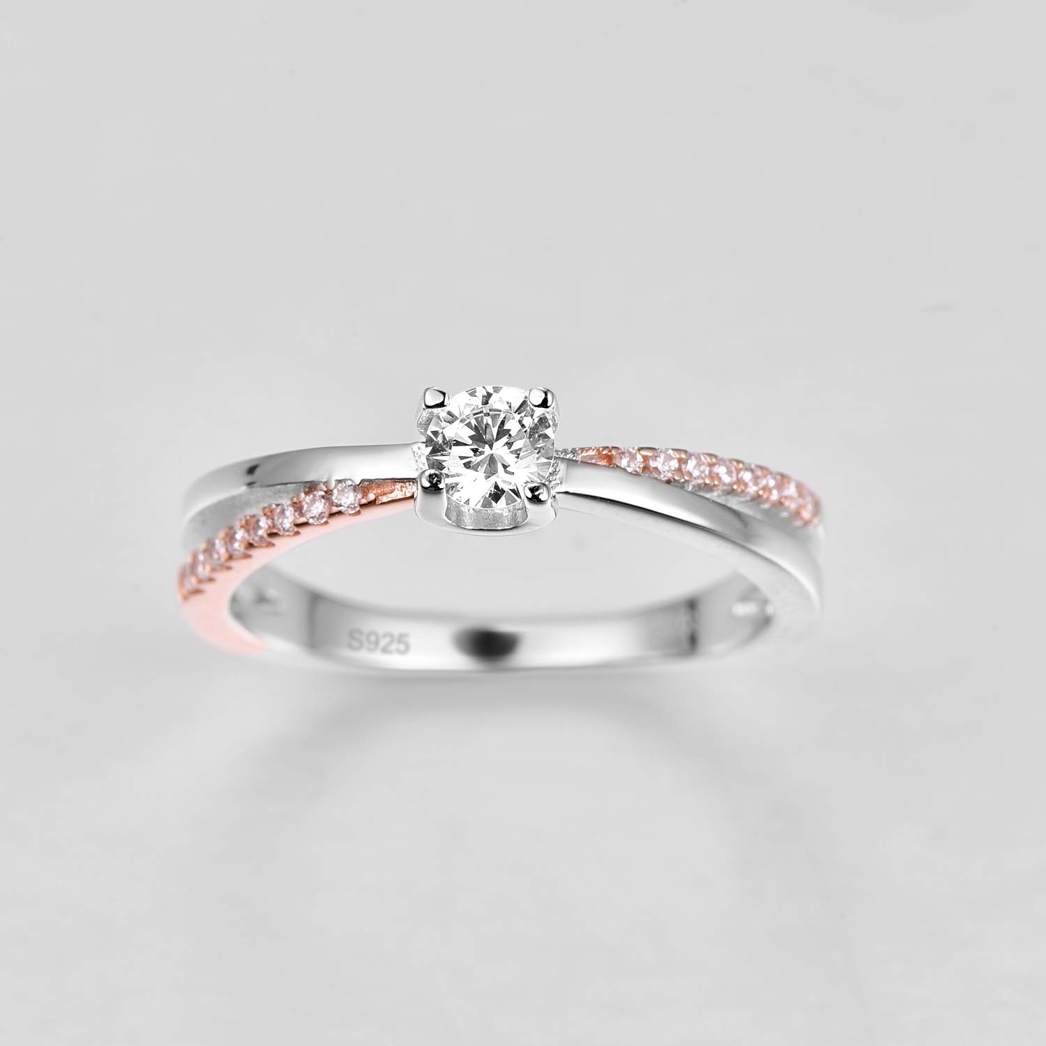 Momius 925 Sterling Silver Created White Topaz 4-Prong Elegant Split Shank with CZ Pave Wedding Engagement Eternity Band Ring for Women Size 6