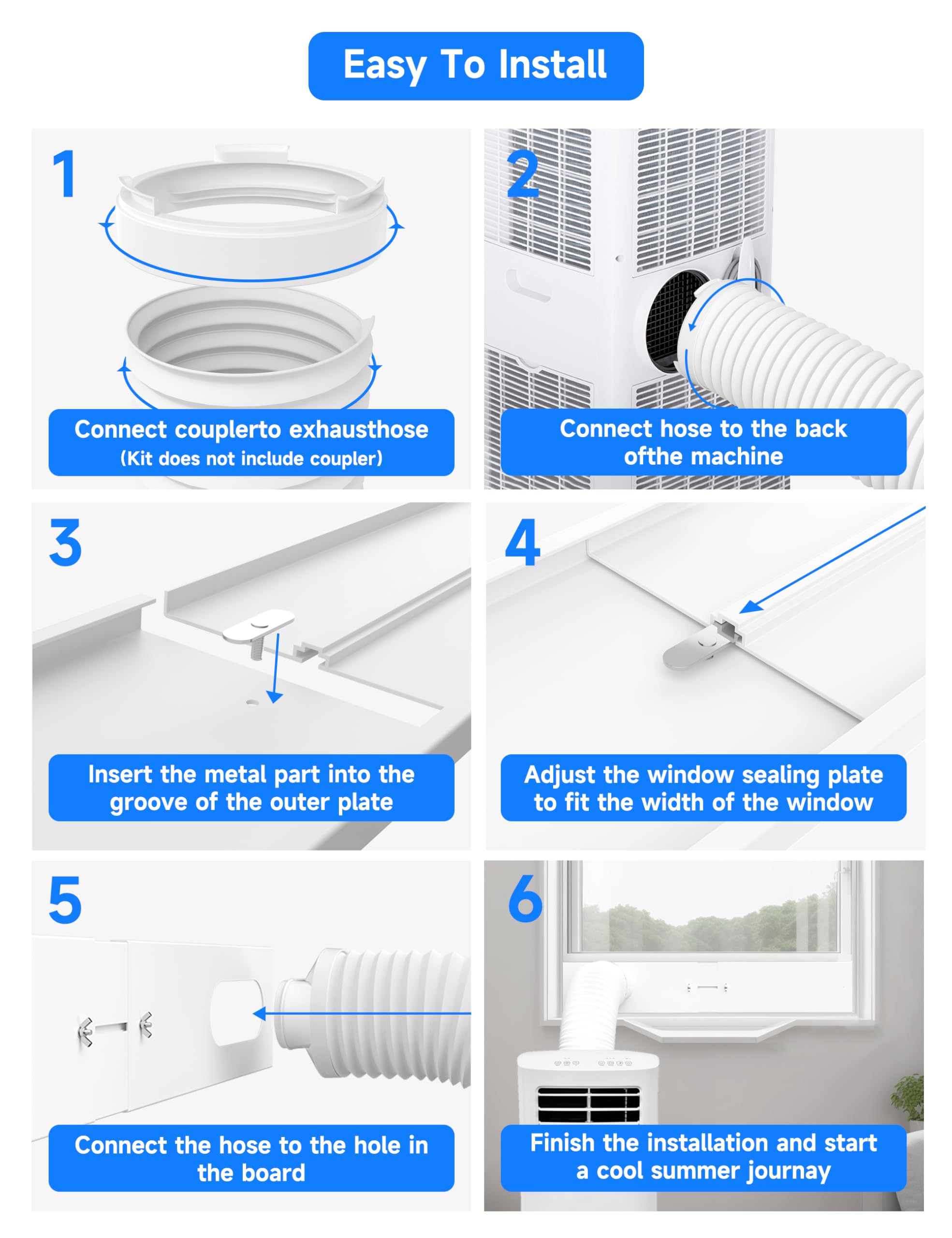 Toutgood Portable Air Conditioner Window Vent Kit with 80‘’ Length, 5.9'' Diameter Exhaust Hose, 13Pcs Universal PVC AC Window Slide Seal with 4 Panel(17” to 63”) for Horizontal&Vertical Window
