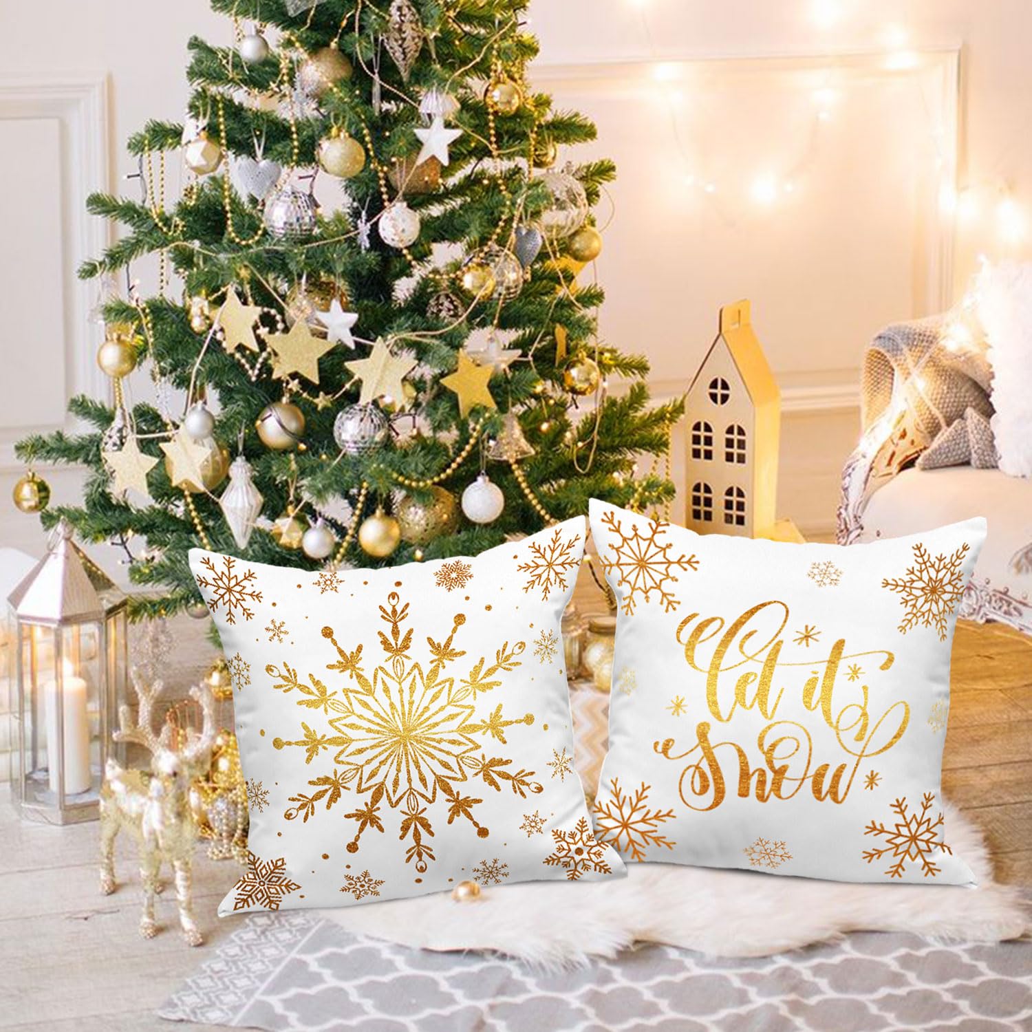 Lanpn White and Gold Bronzing Christmas Throw Pillow Covers 20x20 Set of 4, 20 inch Decorative Xmas Cushion Covers Pillow Cases 20 x 20 for Home Bedroom Room Holiday Couch Decor Decorations