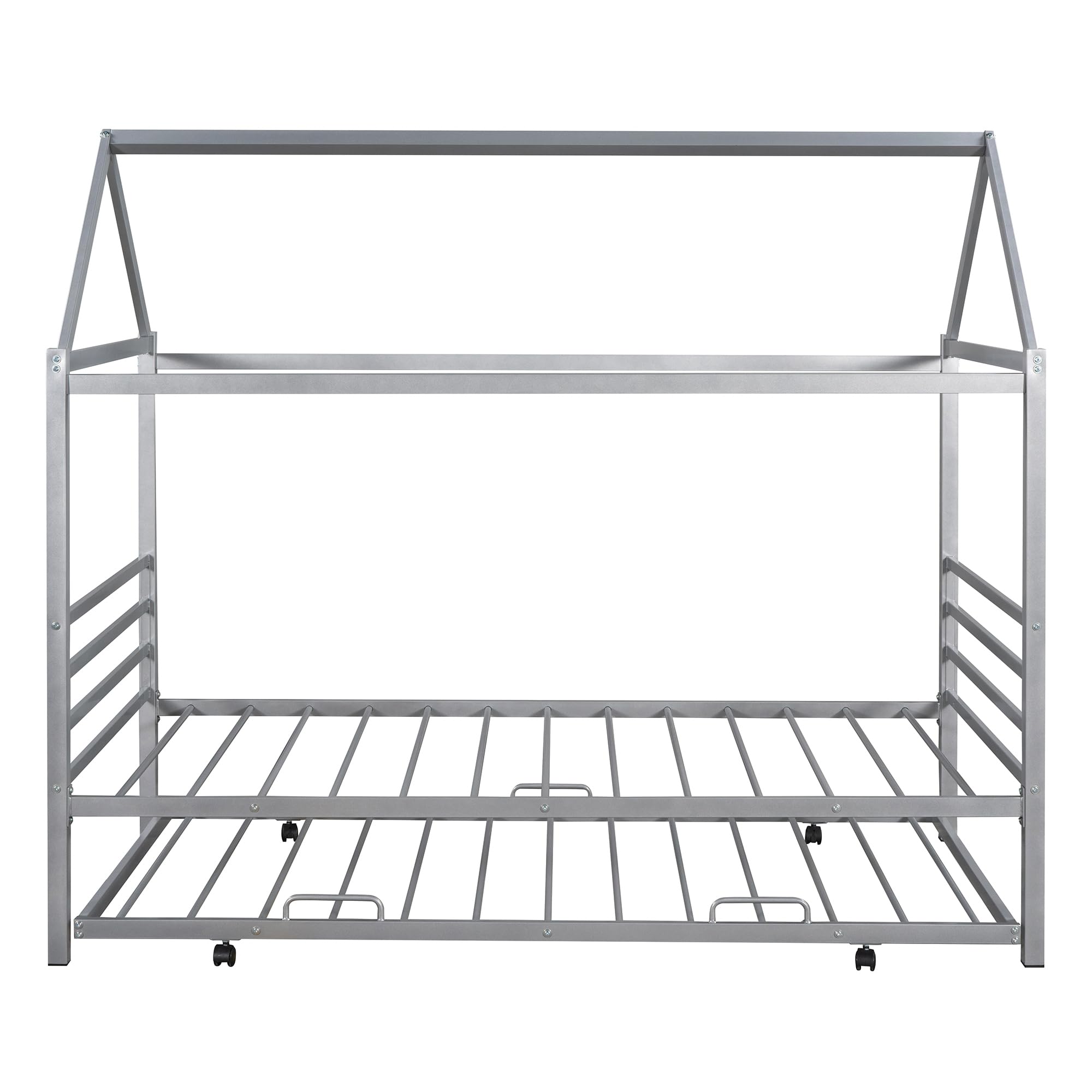 KoiHome Twin Size Metal House Shape Platform Bed with Trundle, Modern Sturdy Metal Bed Frame with Solid Metal Slats for Kids,Teens Bedroom, Space-Saving, No Box Spring Needed, Silver