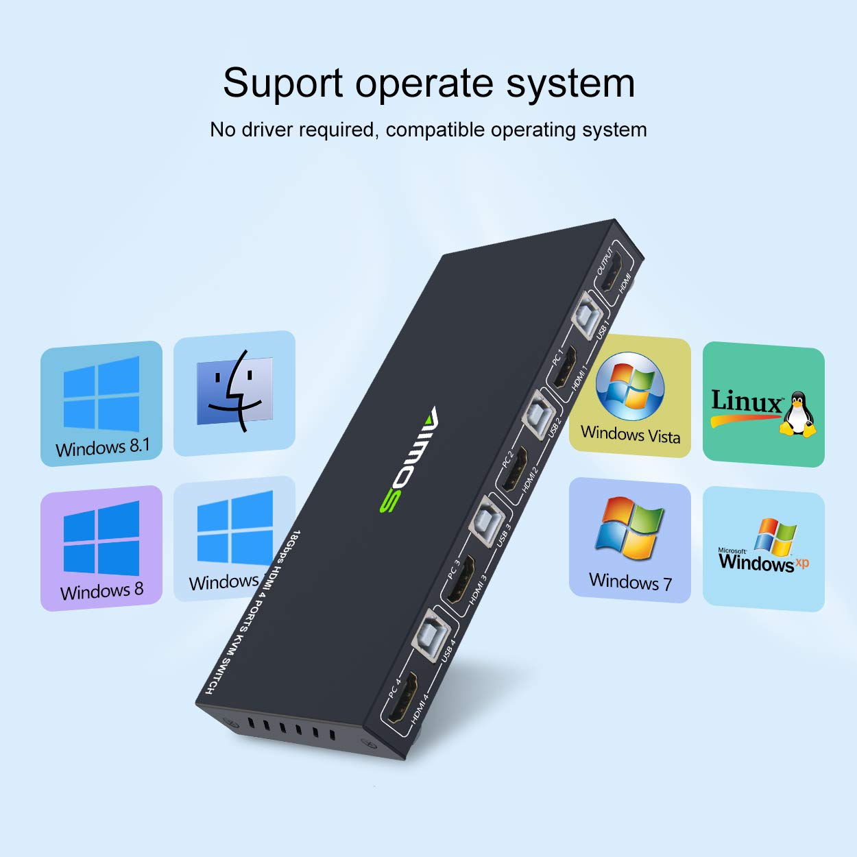 KVM Switch HDMI 4 Port Box, AIMOS HDMI 2.0 KVM Switcher Support Wireless Keyboard and Mouse Connections and with USB Hub Port, UHD 4K@60Hz & 3D & 1080P Supported