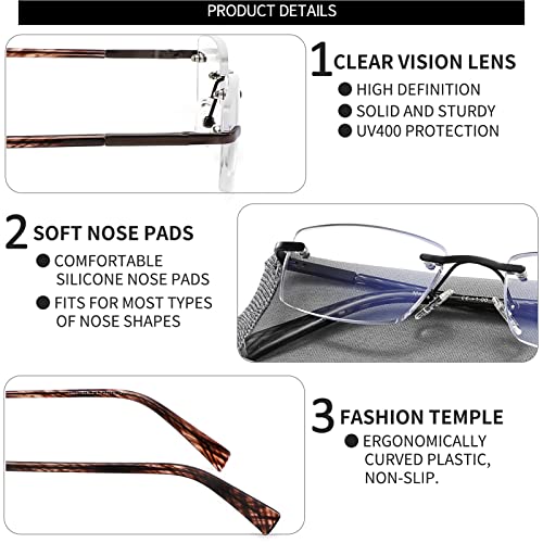 JJWELL 3 Pack Reading Glasses for Men Blue Light Blocking, Lightweight Rimless Metal Mens Eyeglasses Readers, Anti Eyestrain/Dryness/Computer Glare/UV 400, Spring Hinge Eyeglasses(200 Strength)