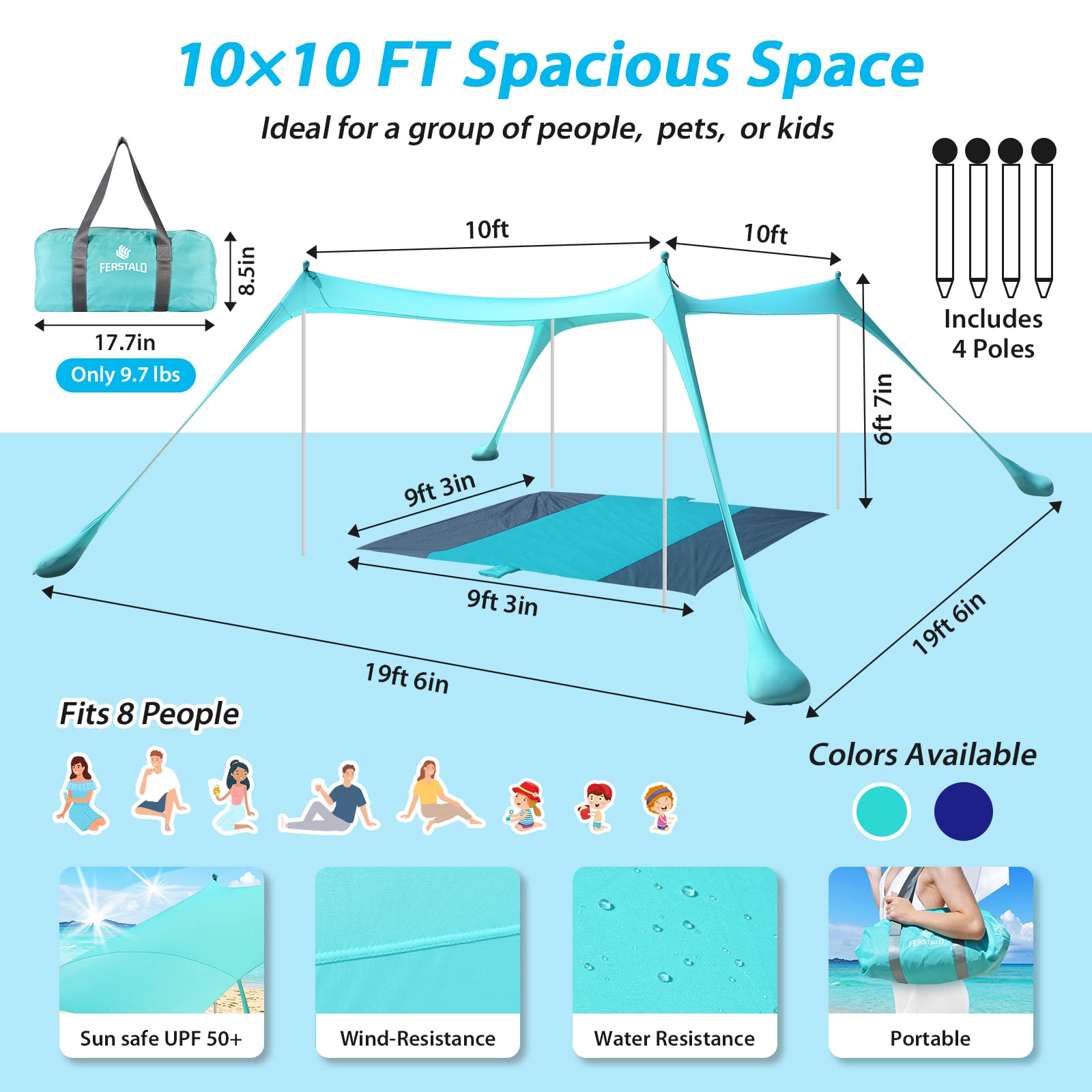 Pop Up Beach Tent Sun Shelter UPF50+, Windproof Sun Shade with Beach Blanket, Outdoor Shade Canopy for Camping Trips,Fishing,Picnics,Backyard (10x10 FT 4 Poles, Turquoise)