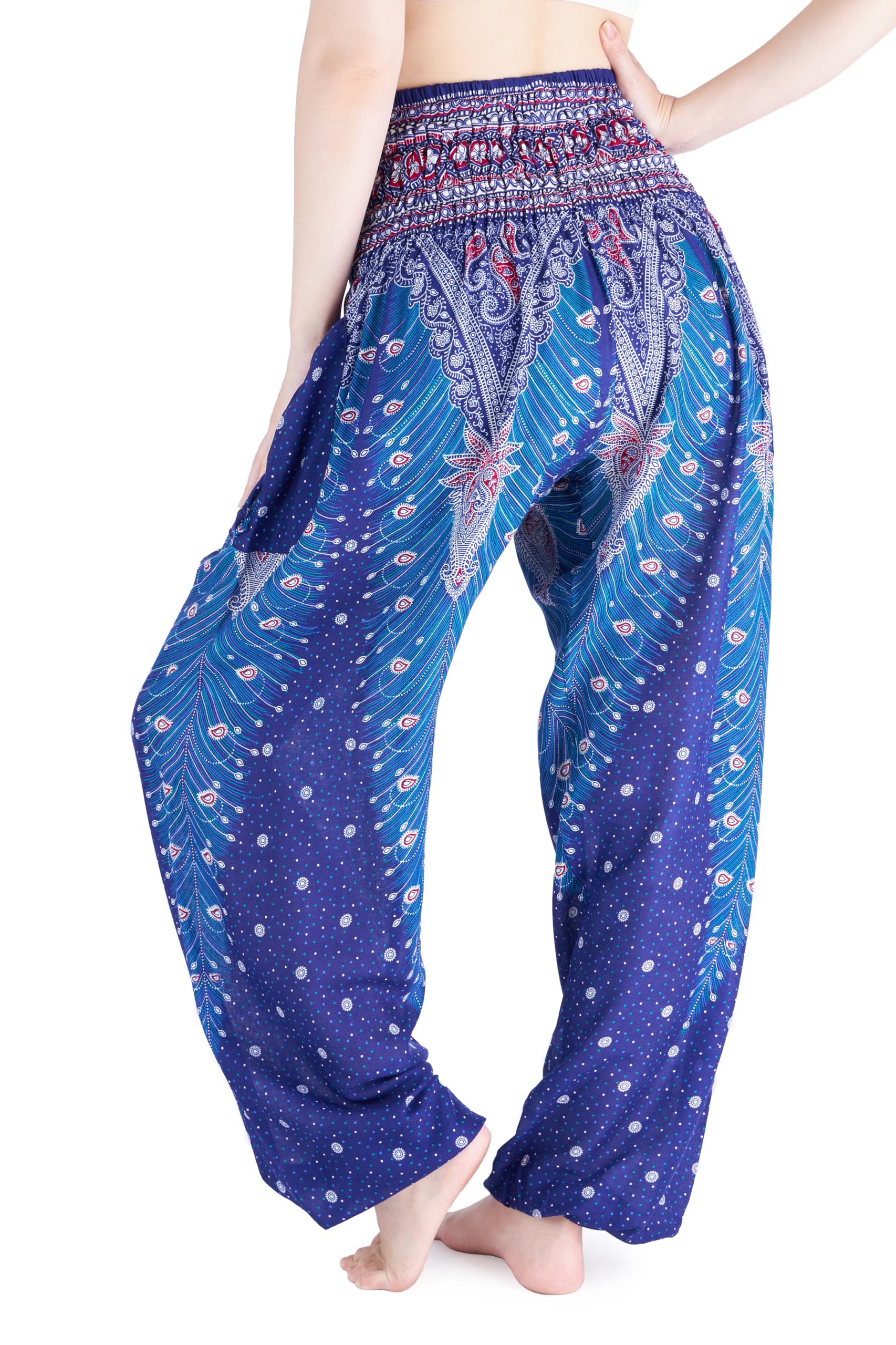Lannaclothesdesign Women's Smocked Waist Boho Flowy Yoga Harem Pants Hippie Clothes (L, Blue)